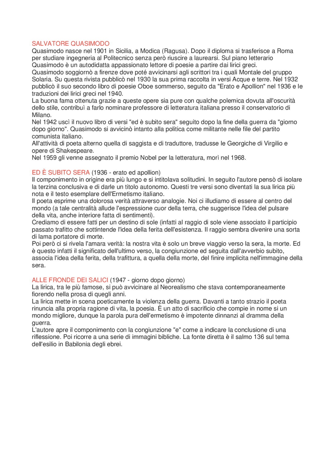 Salvatore Quasimodo Vita E Opere Docsity