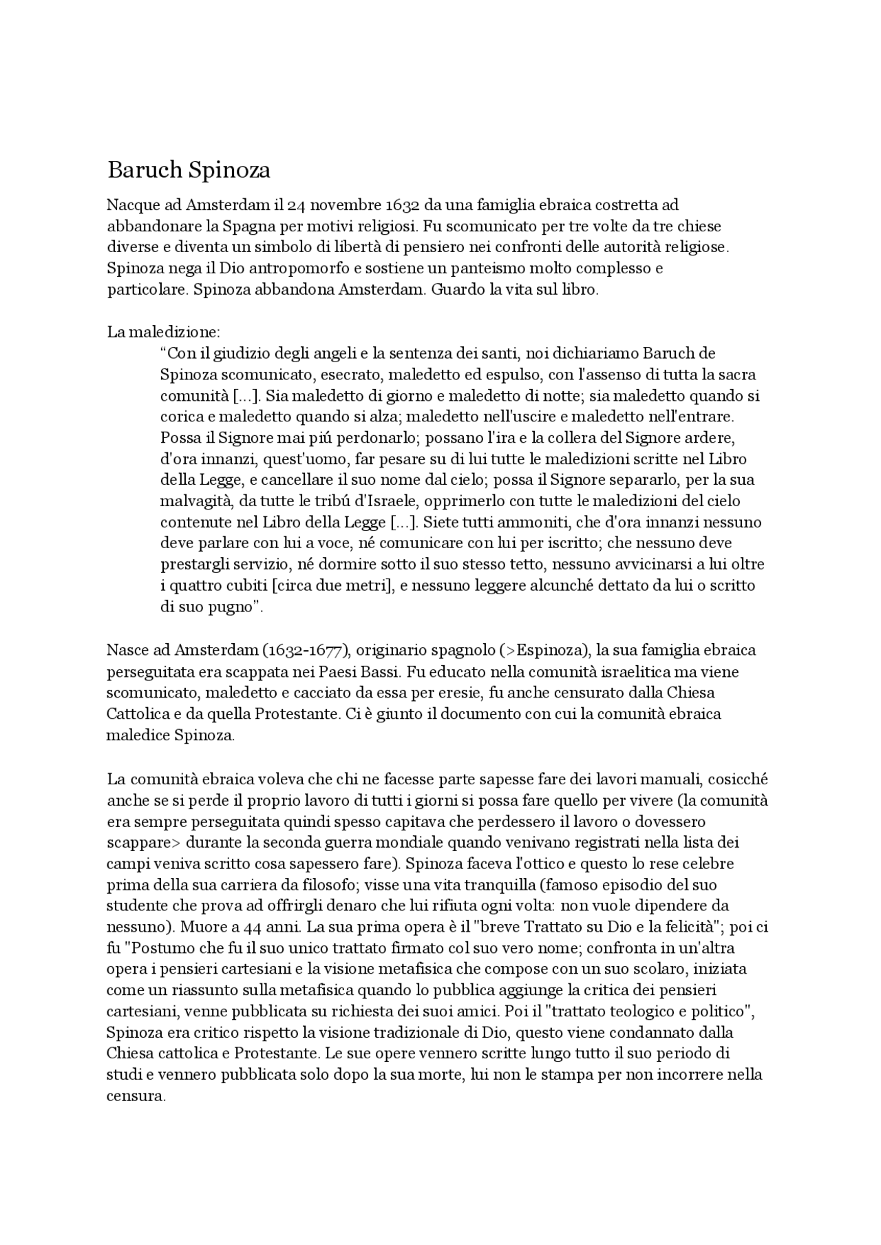Baruch Spinoza Vita Opere E Pensiero Docsity