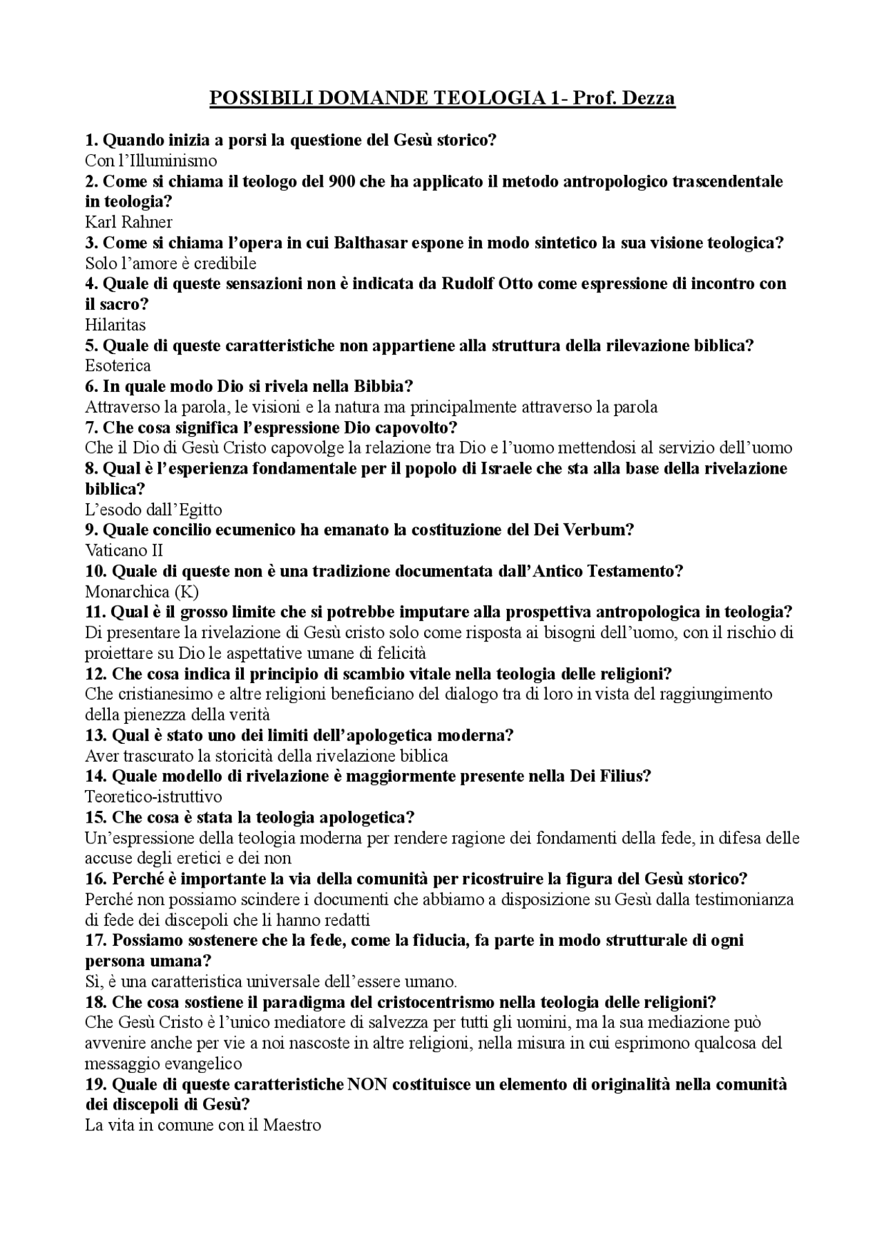 Domande Teologia 1 Dezza Docsity
