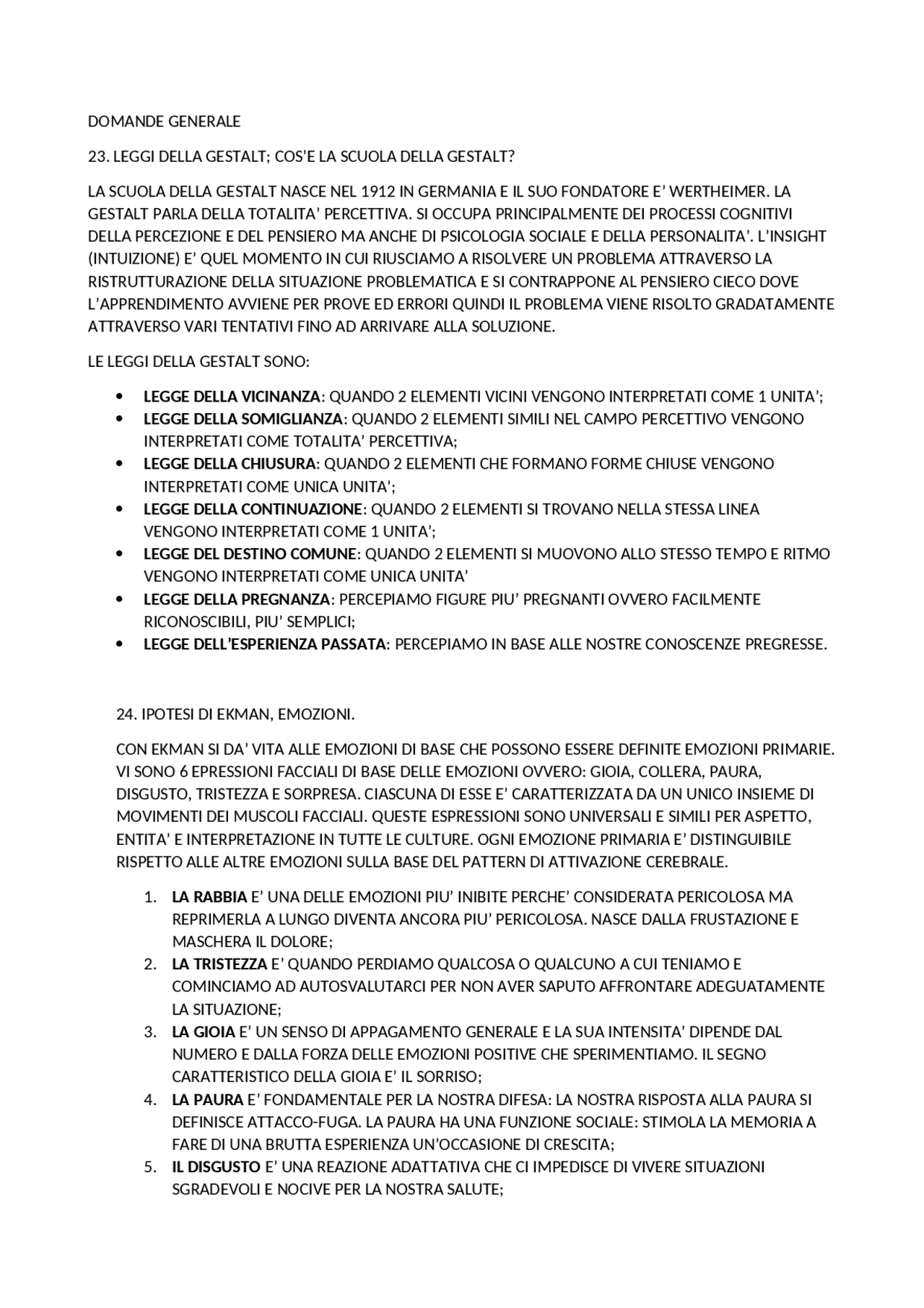 Domande Psicologia Generale Docsity
