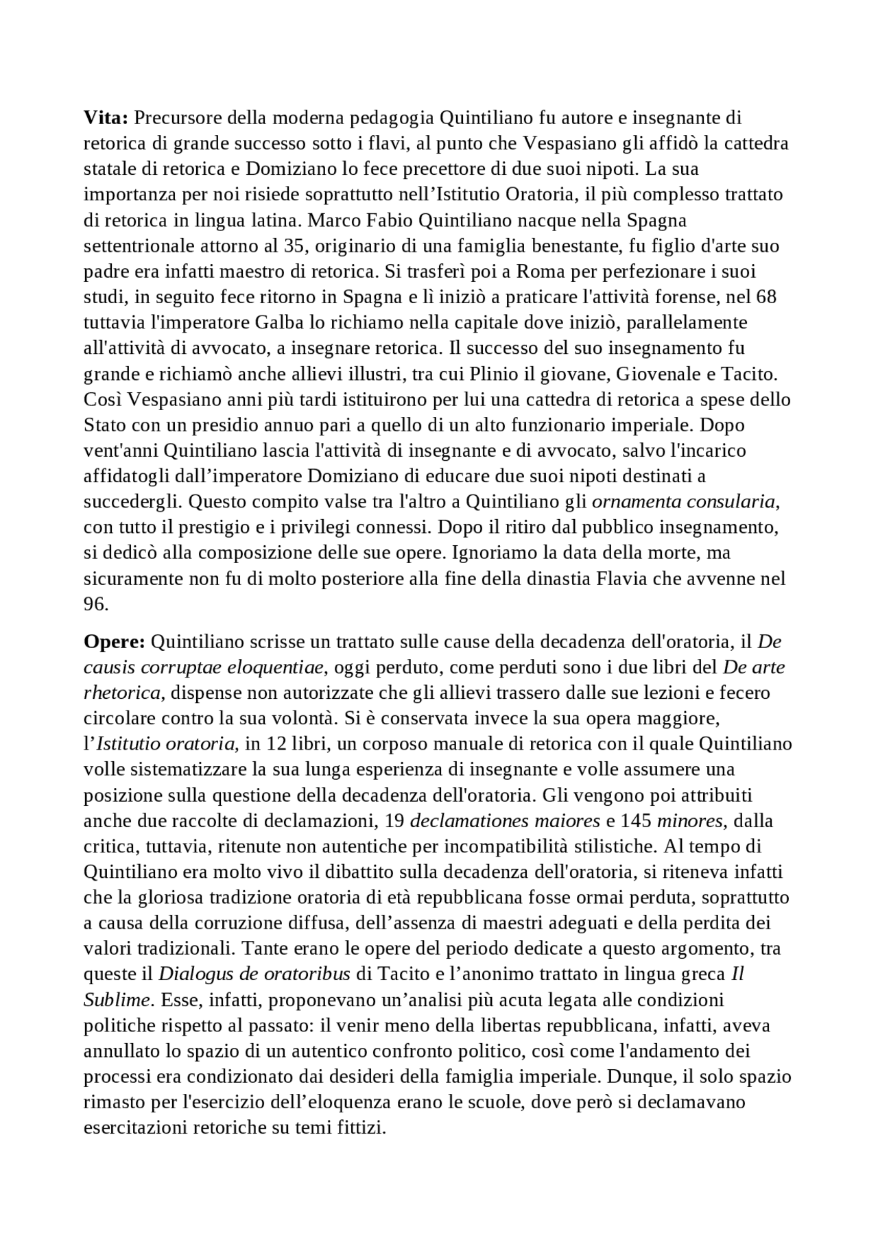 Quintiliano Vita E Opere Maggiori Docsity