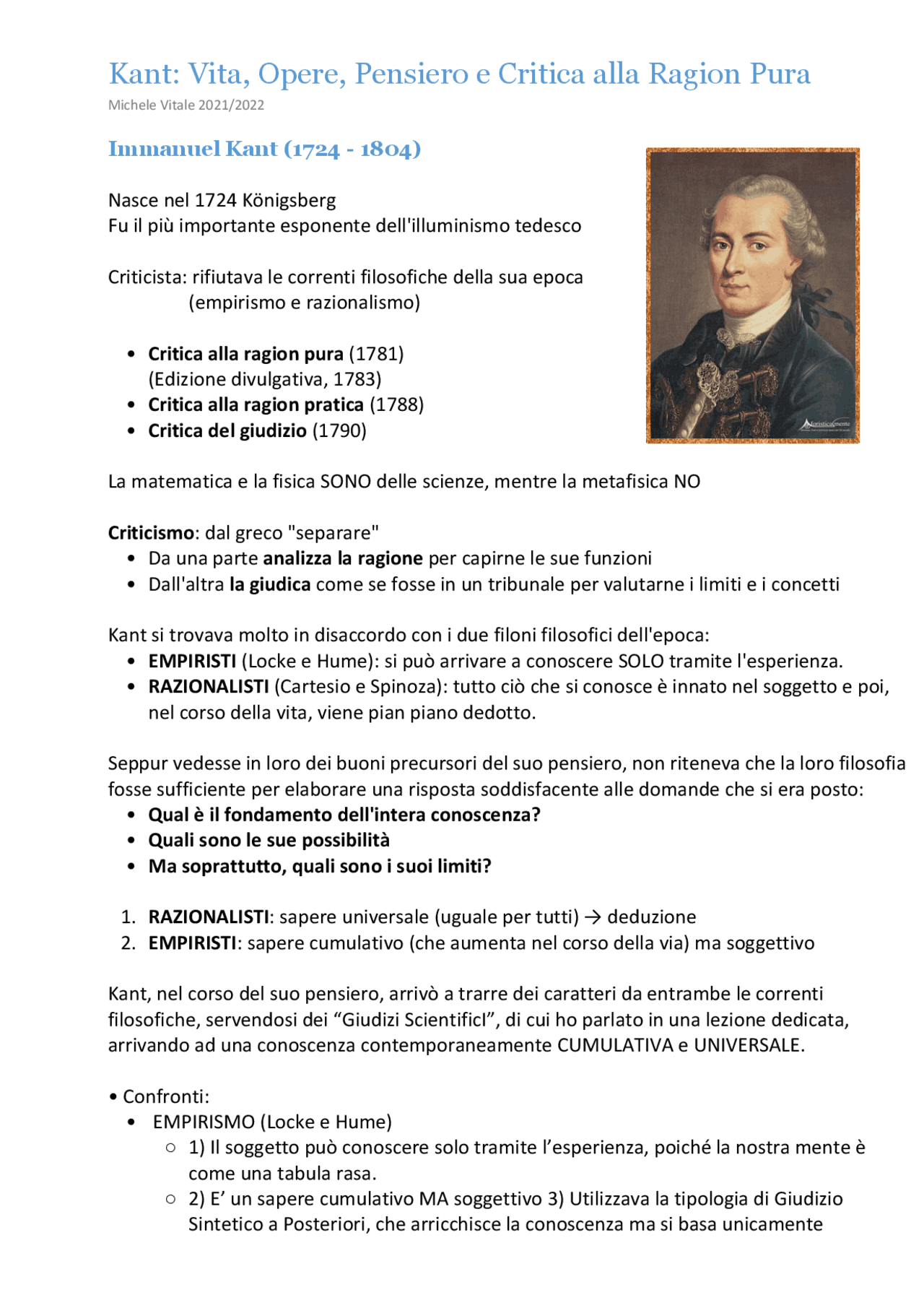 Kant Vita Opere Pensiero E Critica Alla Ragion Pura Docsity