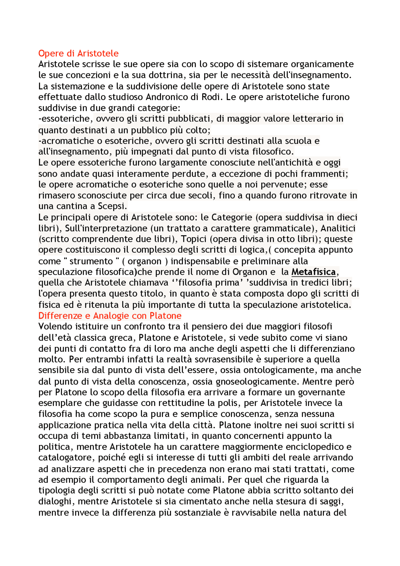 Aristotele Riassunto Docsity