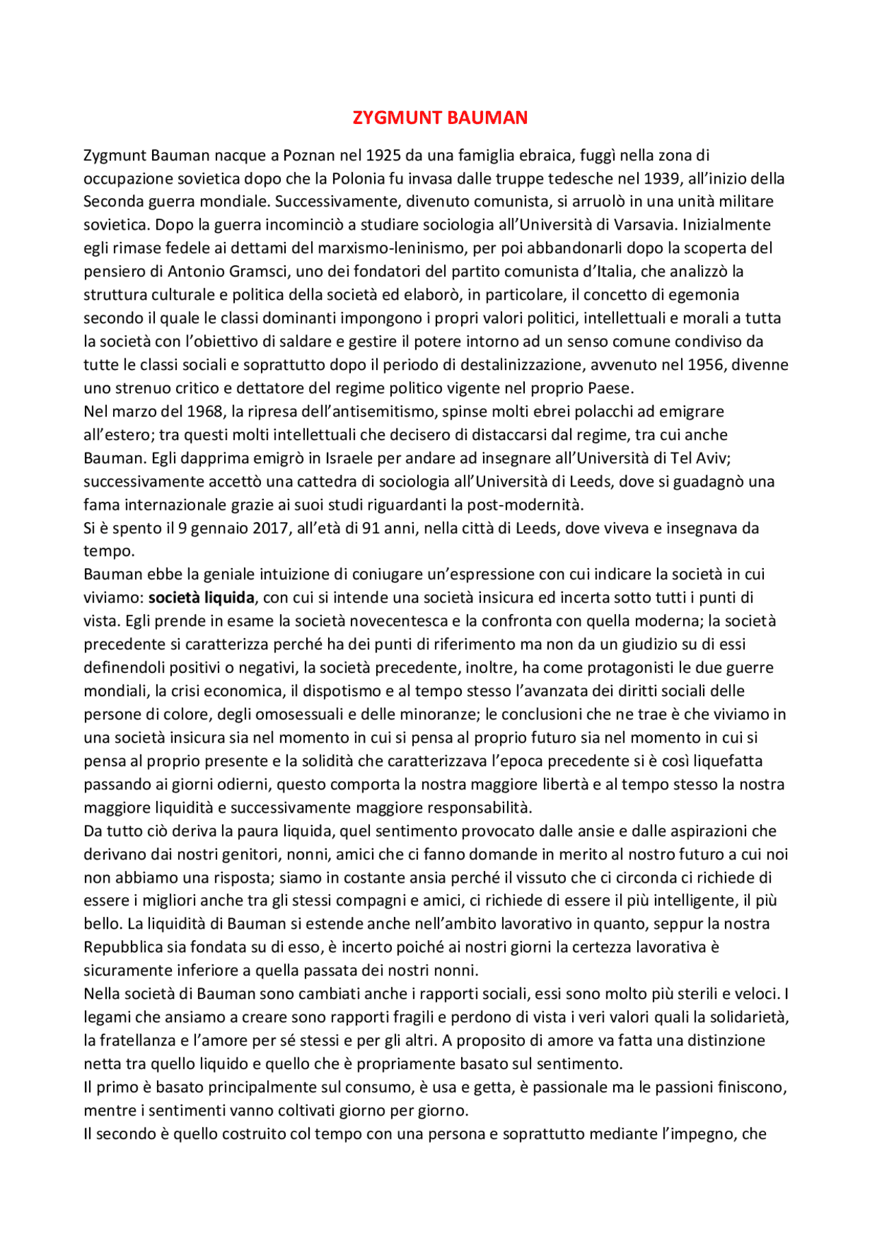 Zygmunt Bauman Riassunto Docsity
