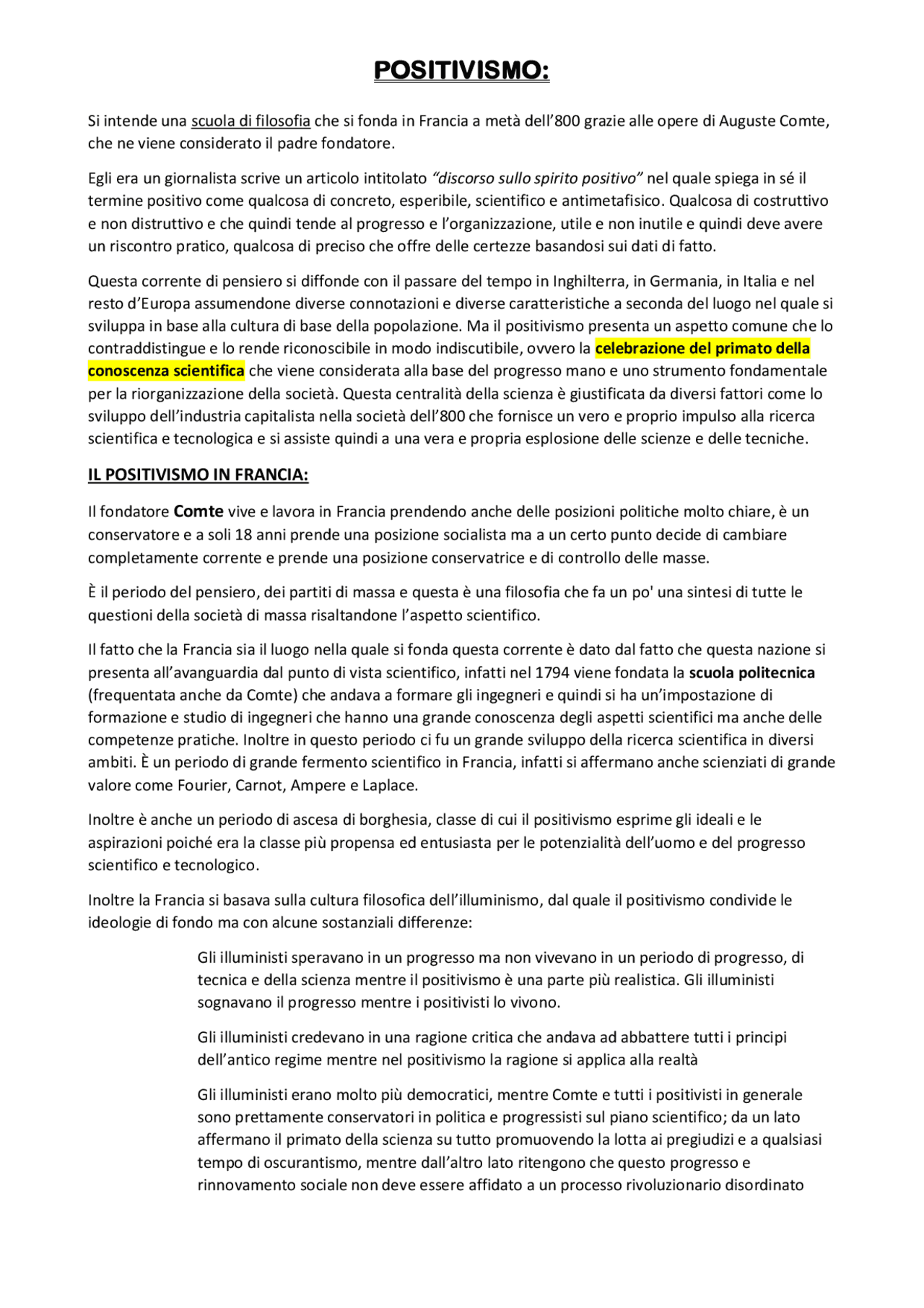 Riassunto Filosofia Del Positivismo Docsity