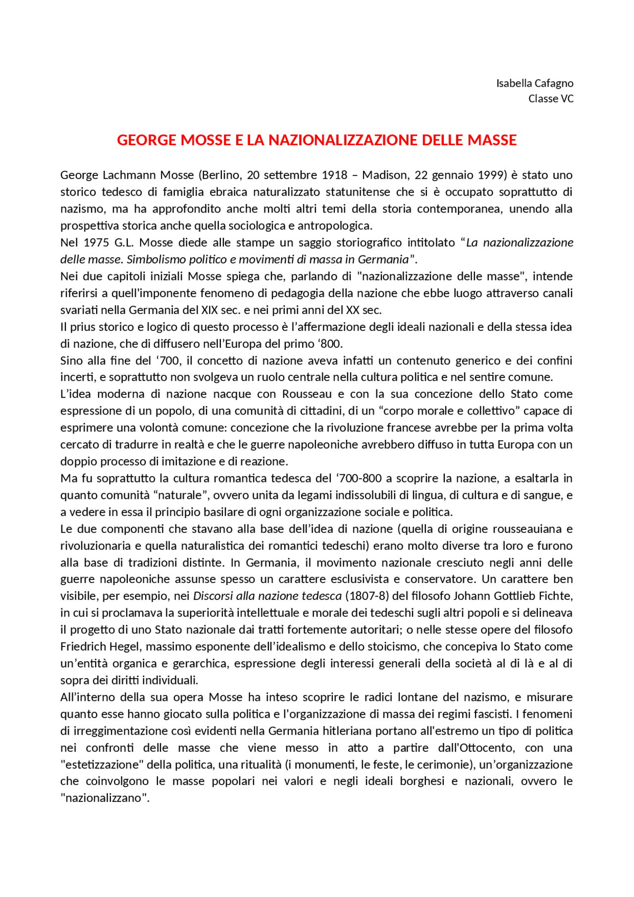 George Mosse e la nazionalizzazione delle masse - Docsity