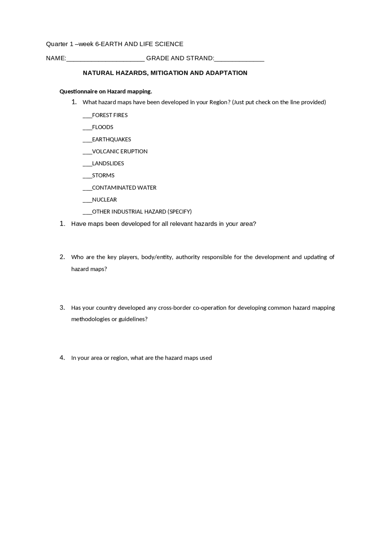 Adaptation of the earth and life science - Docsity