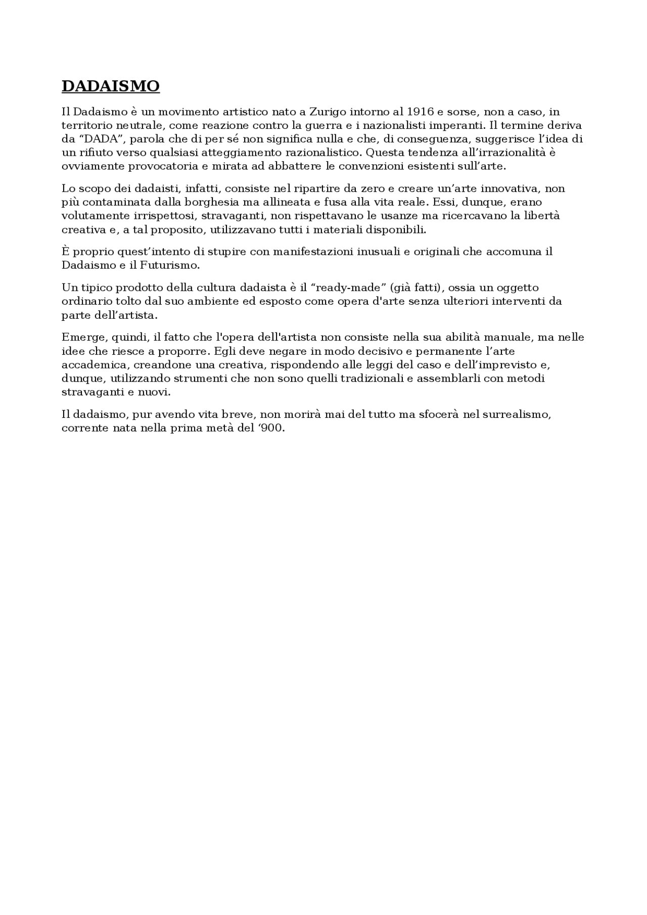 Riassunto Sul Dadaismo Docsity