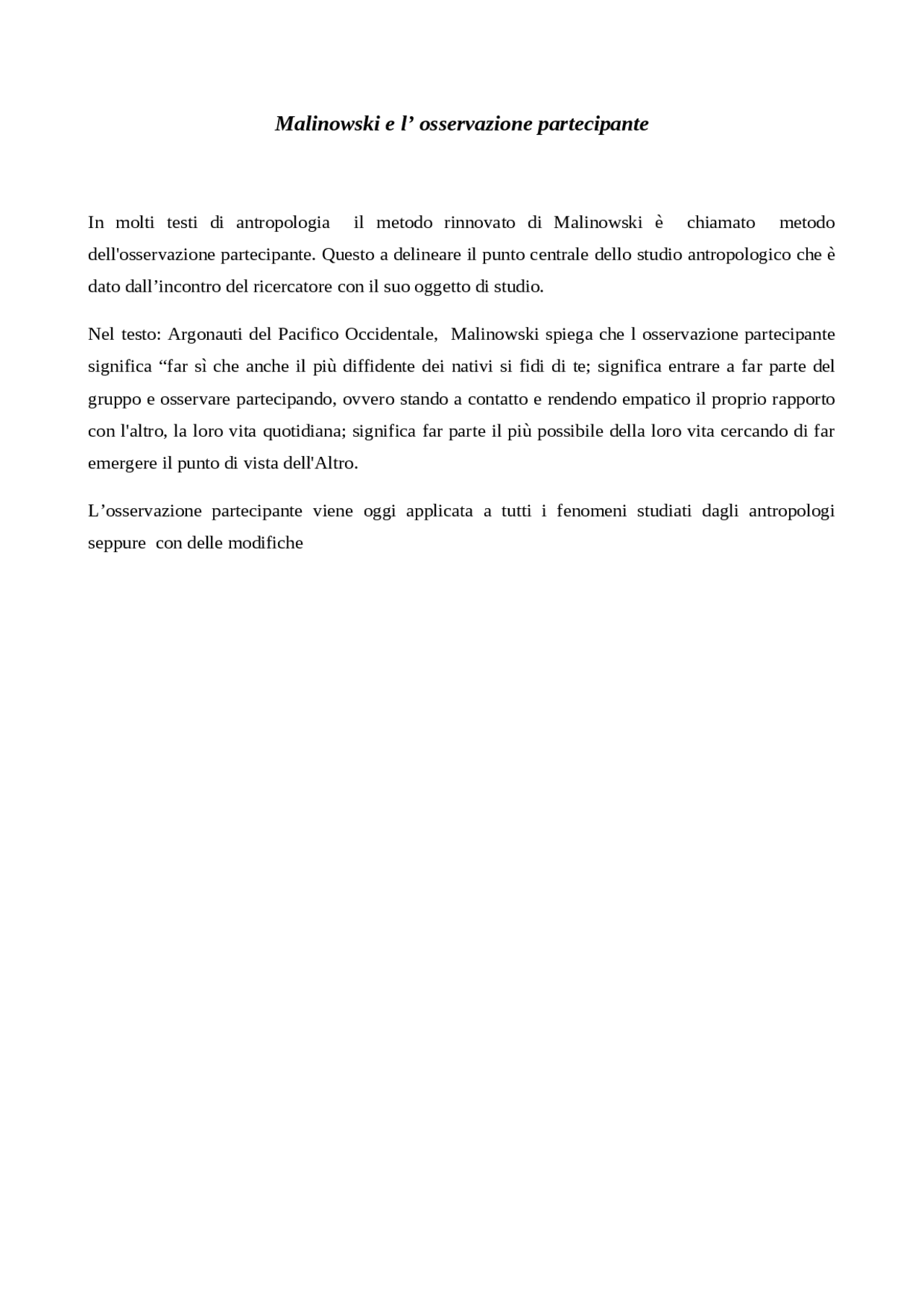Malinowski E L Osservazione Partecipante Docsity