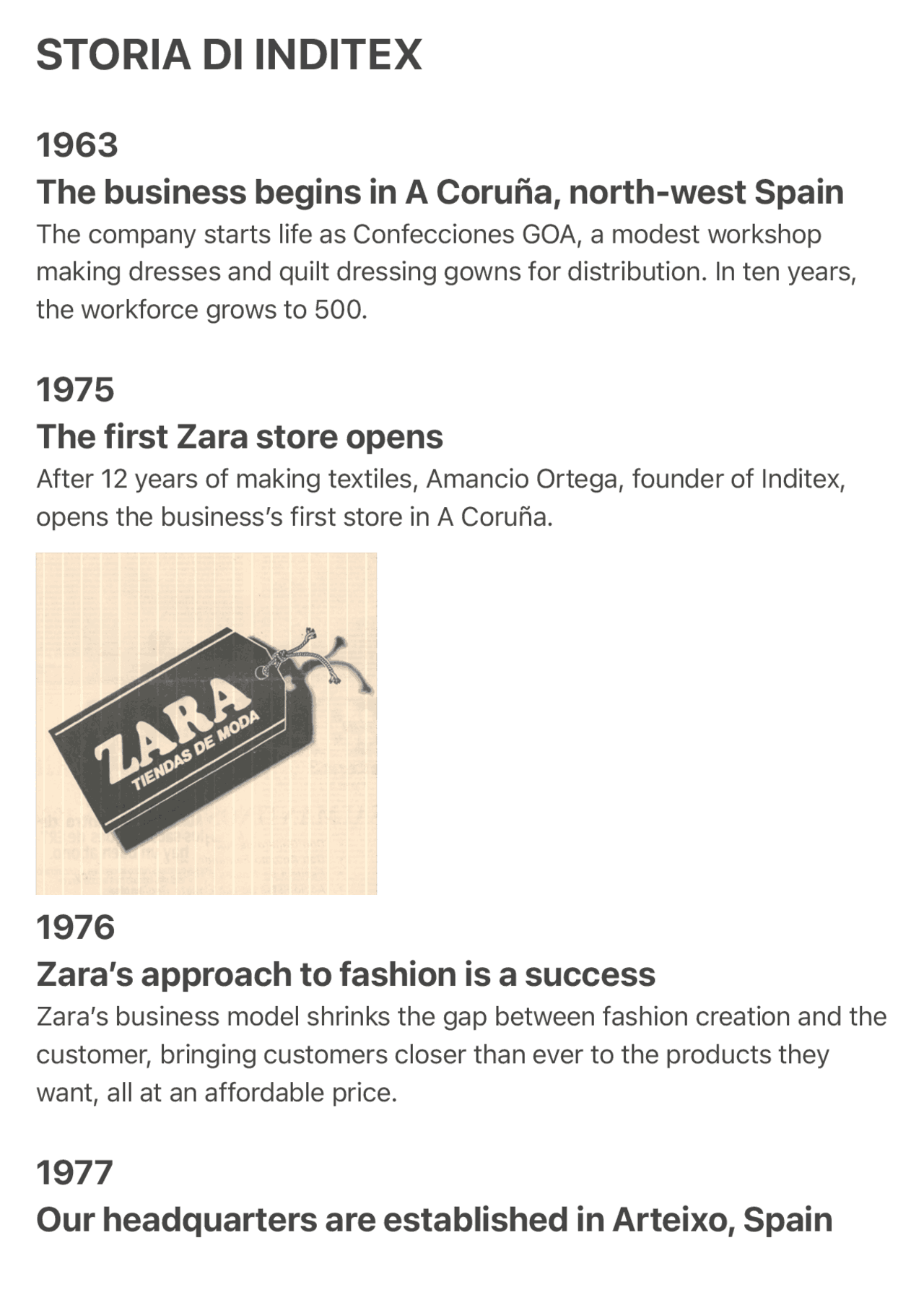 Storia di Inditex dal 1963 al 2020 - Docsity