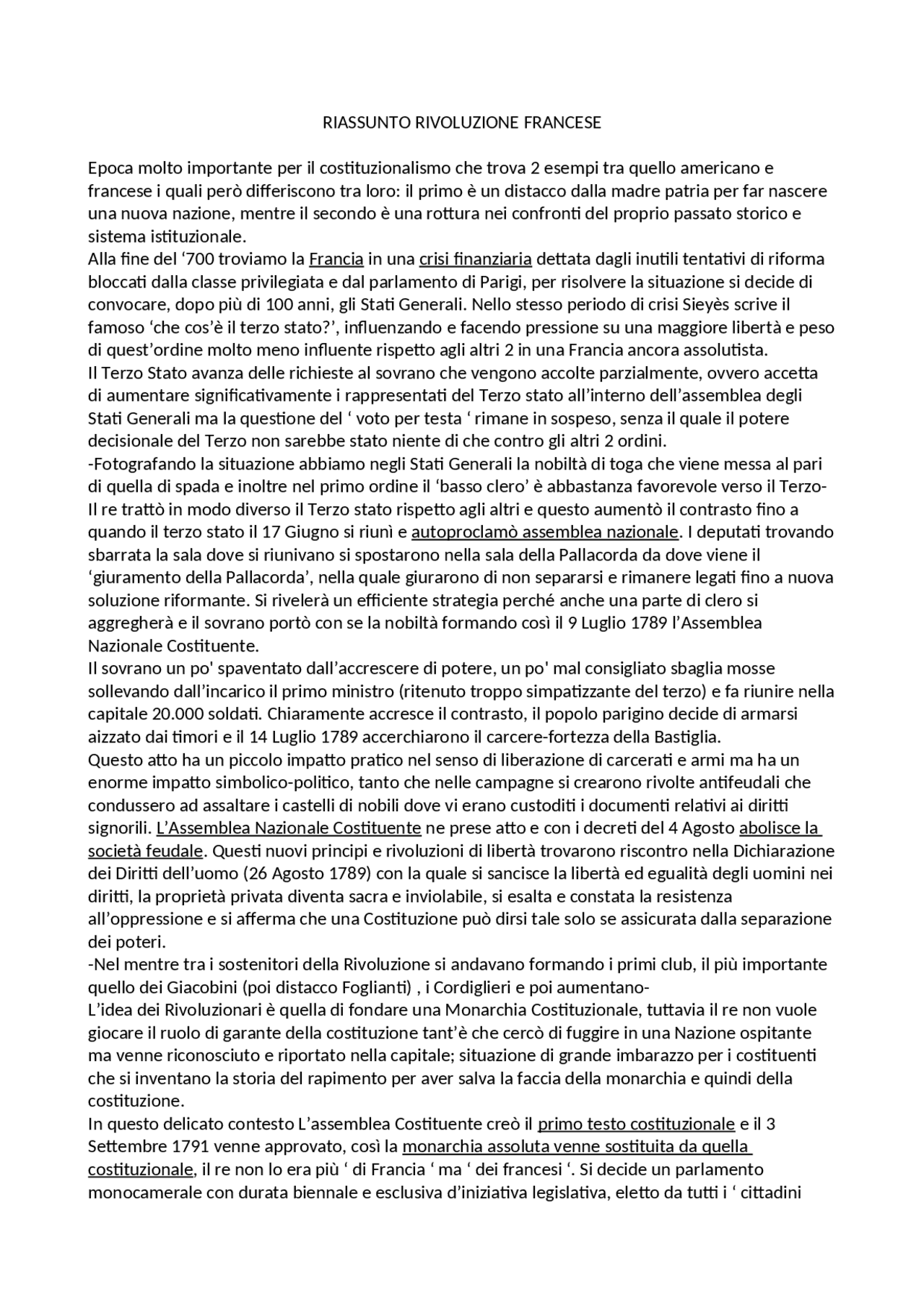 Riassunto Rivoluzione Francese Avvenimenti E Costituzioni Docsity