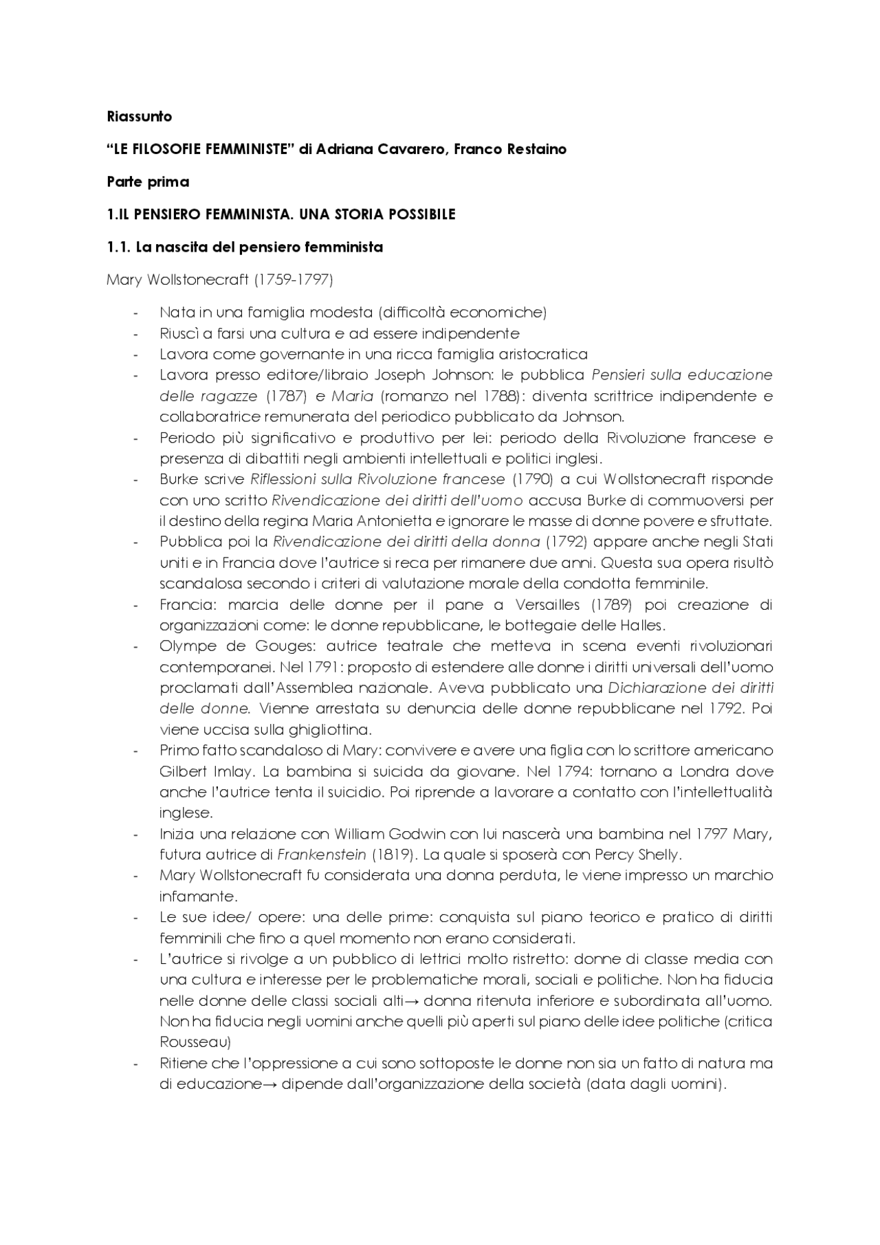 Riassunto Prima Parte Le Filosofie Femministe Docsity