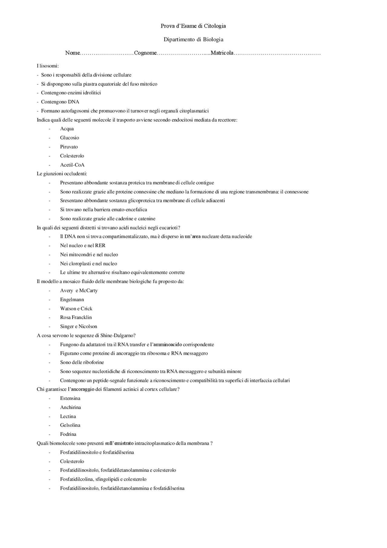 Prova Di Autovalutazione Citologia Docsity