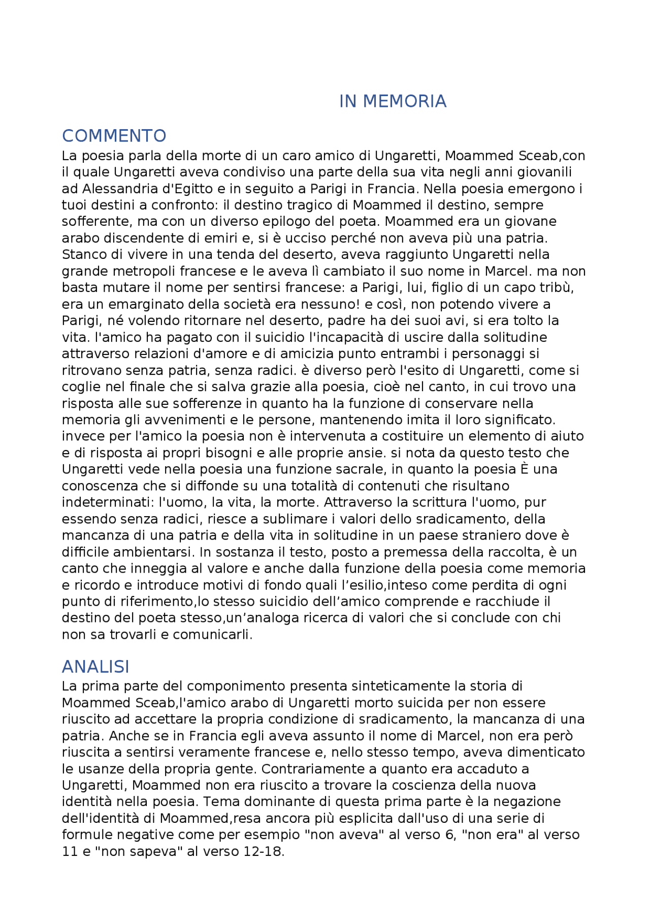 In Memoria Di Ungaretti Docsity