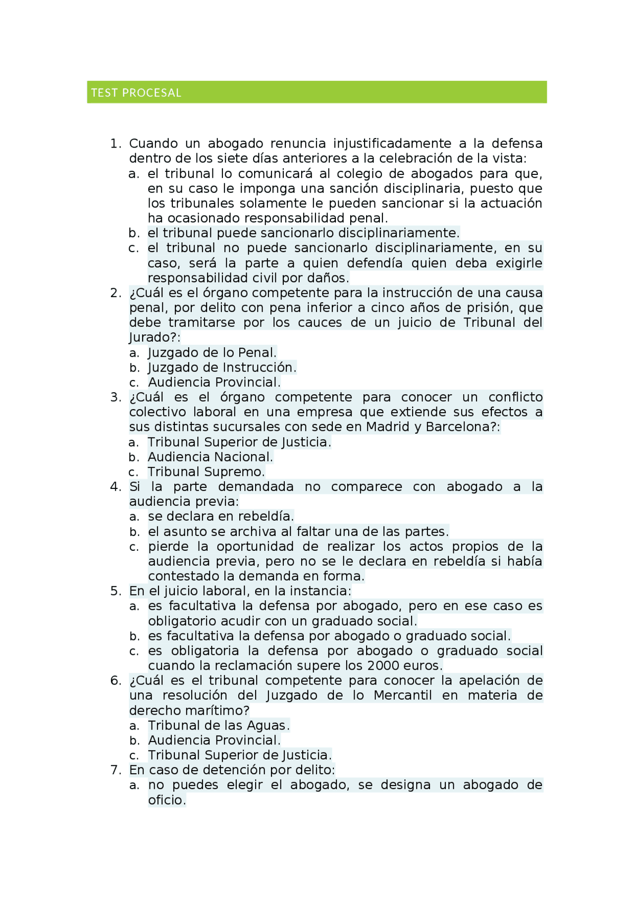Test Derecho Procesal Docsity