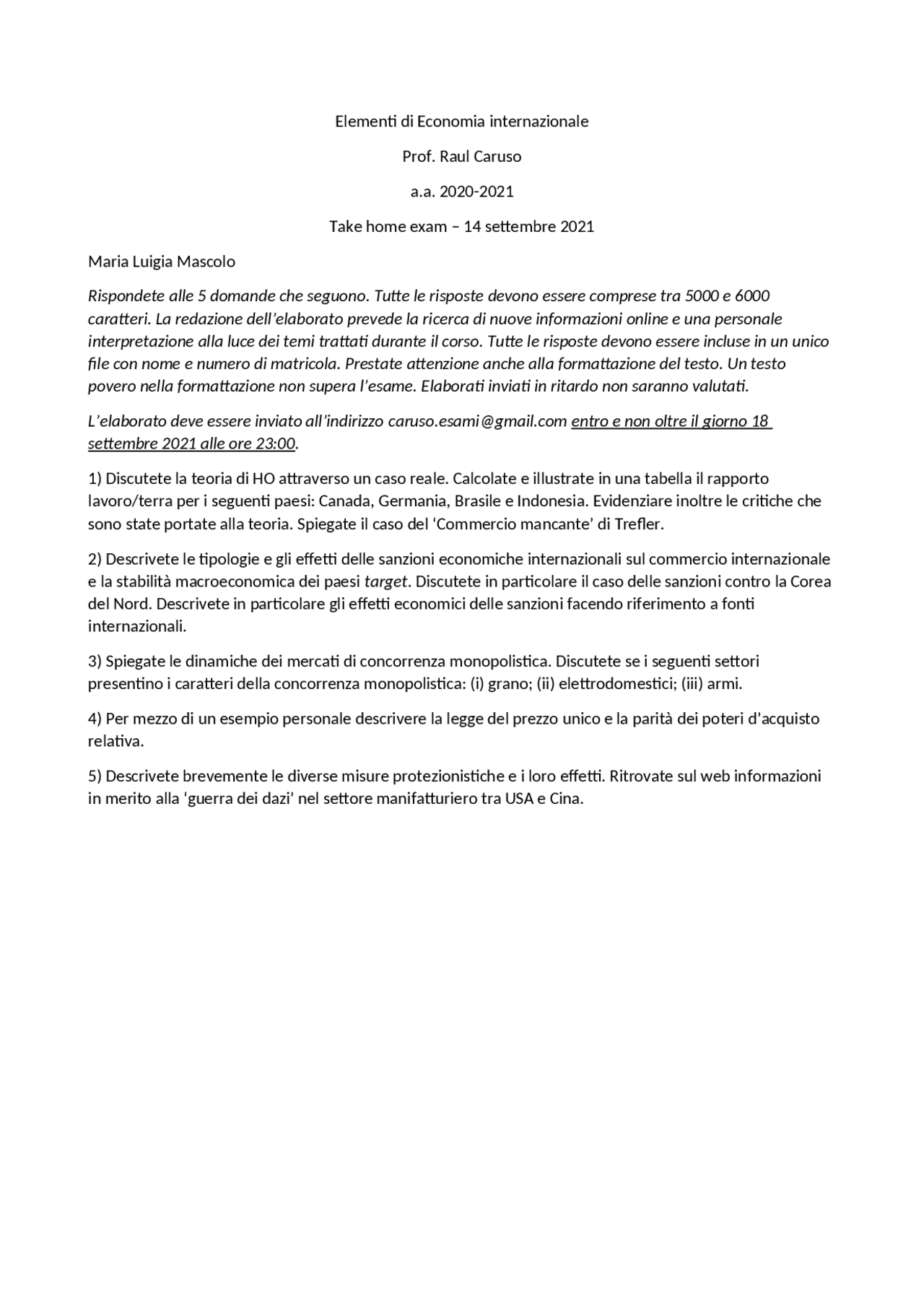 Assignment Esame Di Economia Internazionale Prof Caruso Docsity