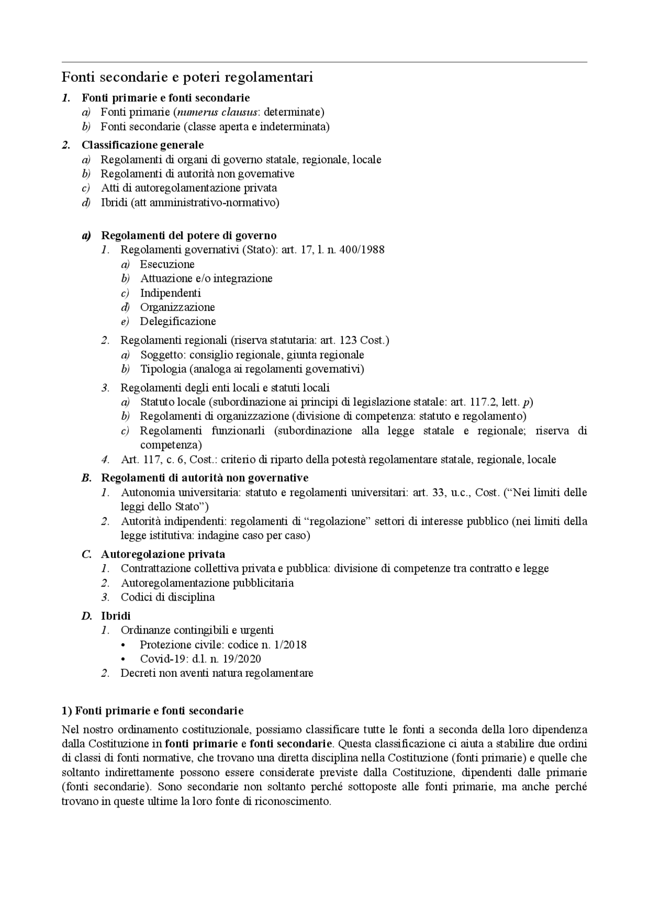 Le fonti secondarie e i regolamenti - Docsity