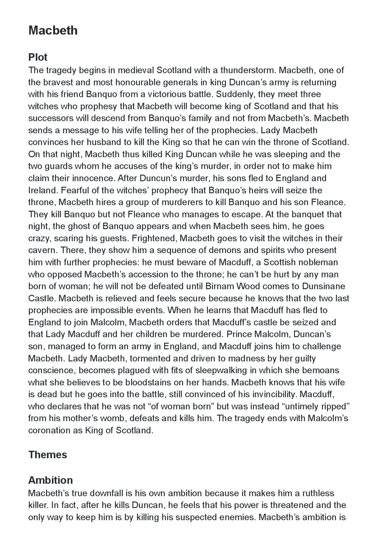 Macbeth, plot, themes, main characters, the Dagger scene - Docsity