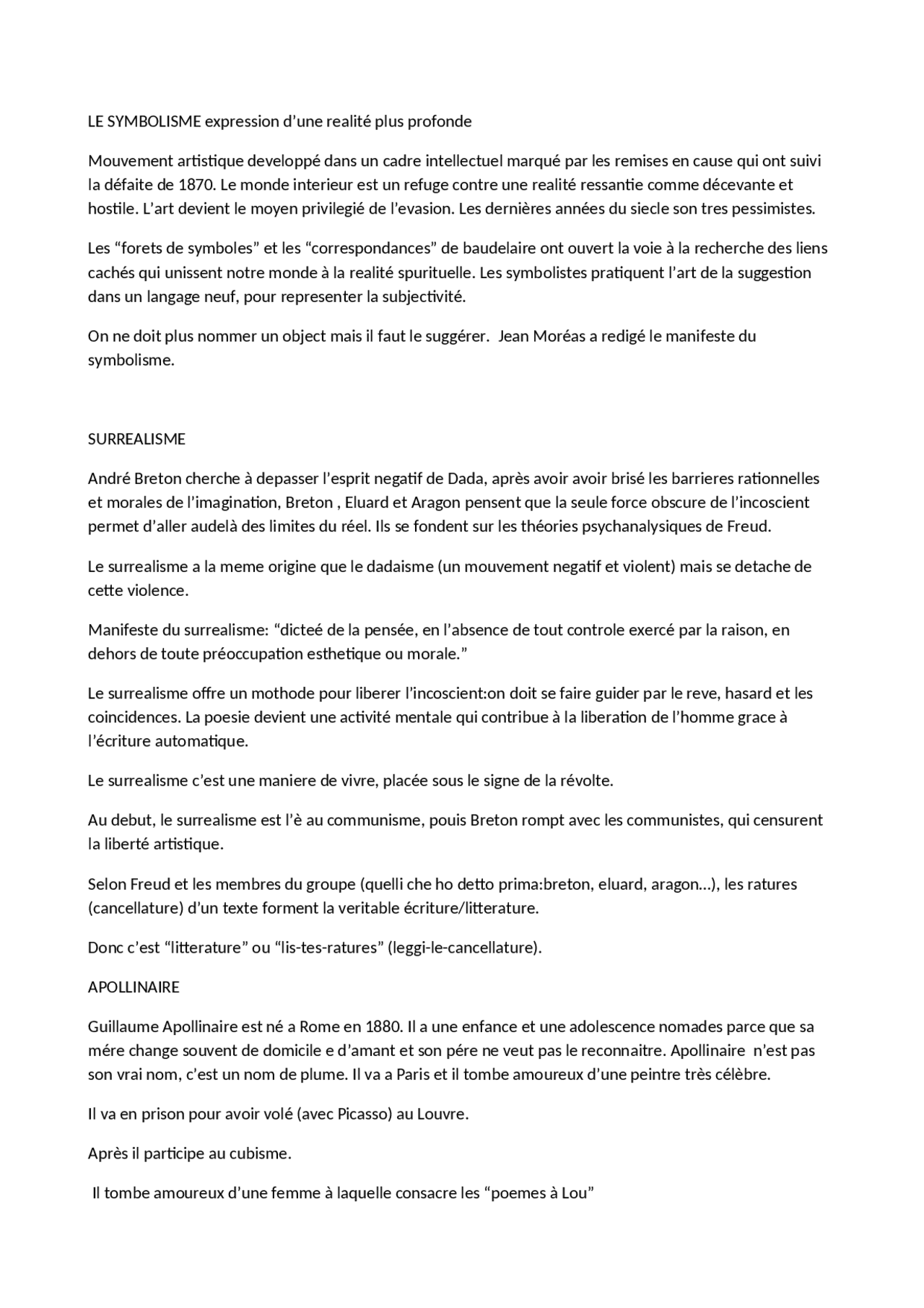 Symbolisme Surrealisme Apollinaire Docsity