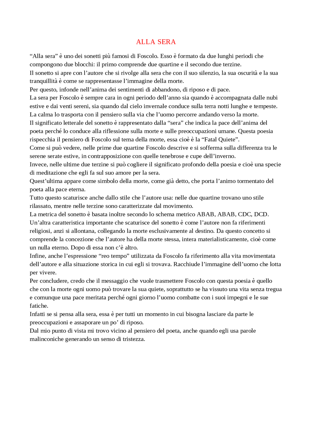 La Sera, spiegazione - Docsity