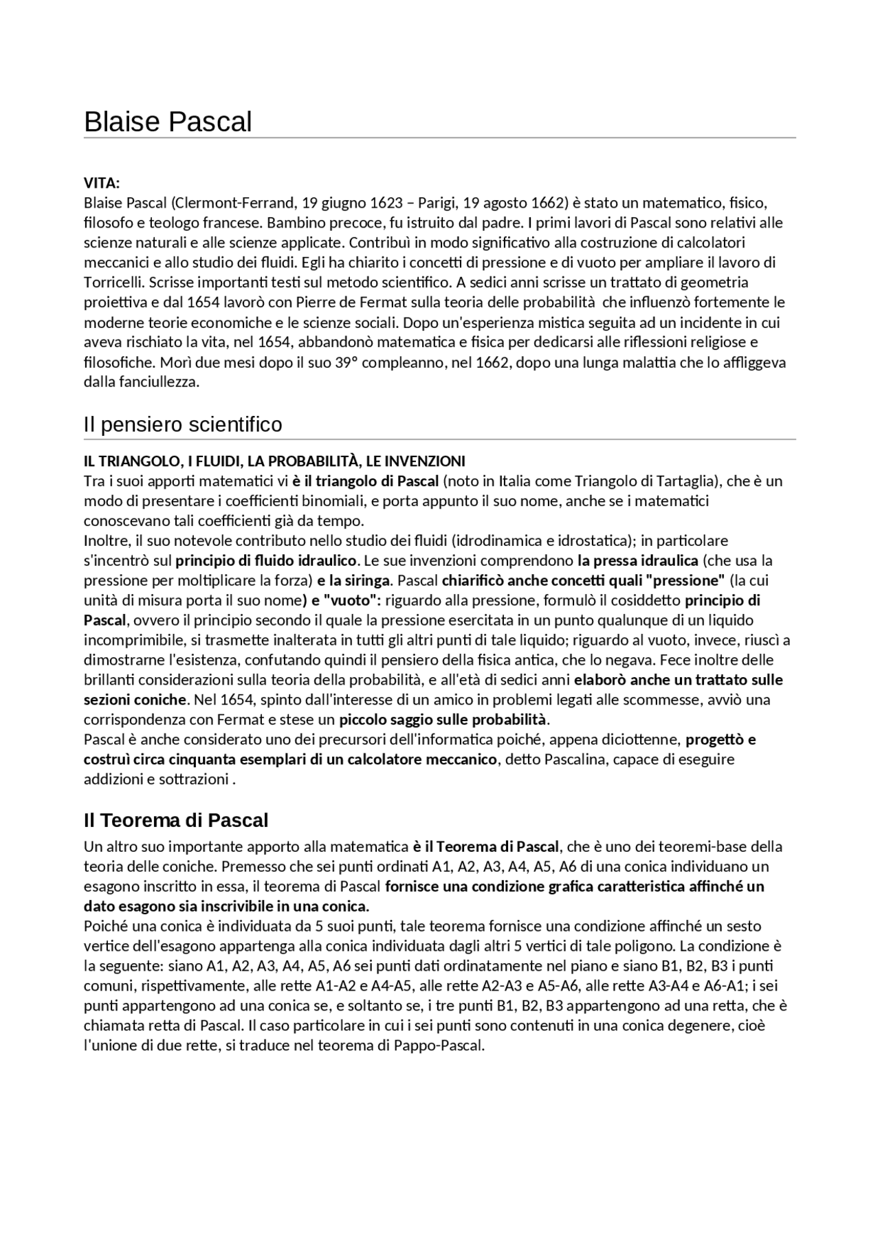 Riassunto In Breve Di Blase Pascal Pensiero Scietifico Vita Docsity