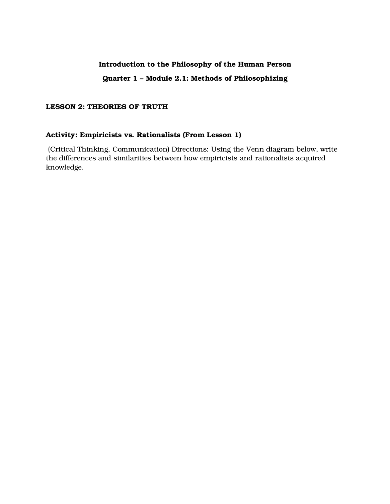 Methods of Philosophizing: Theories of Truth - Lesson 2 | Exercises ...