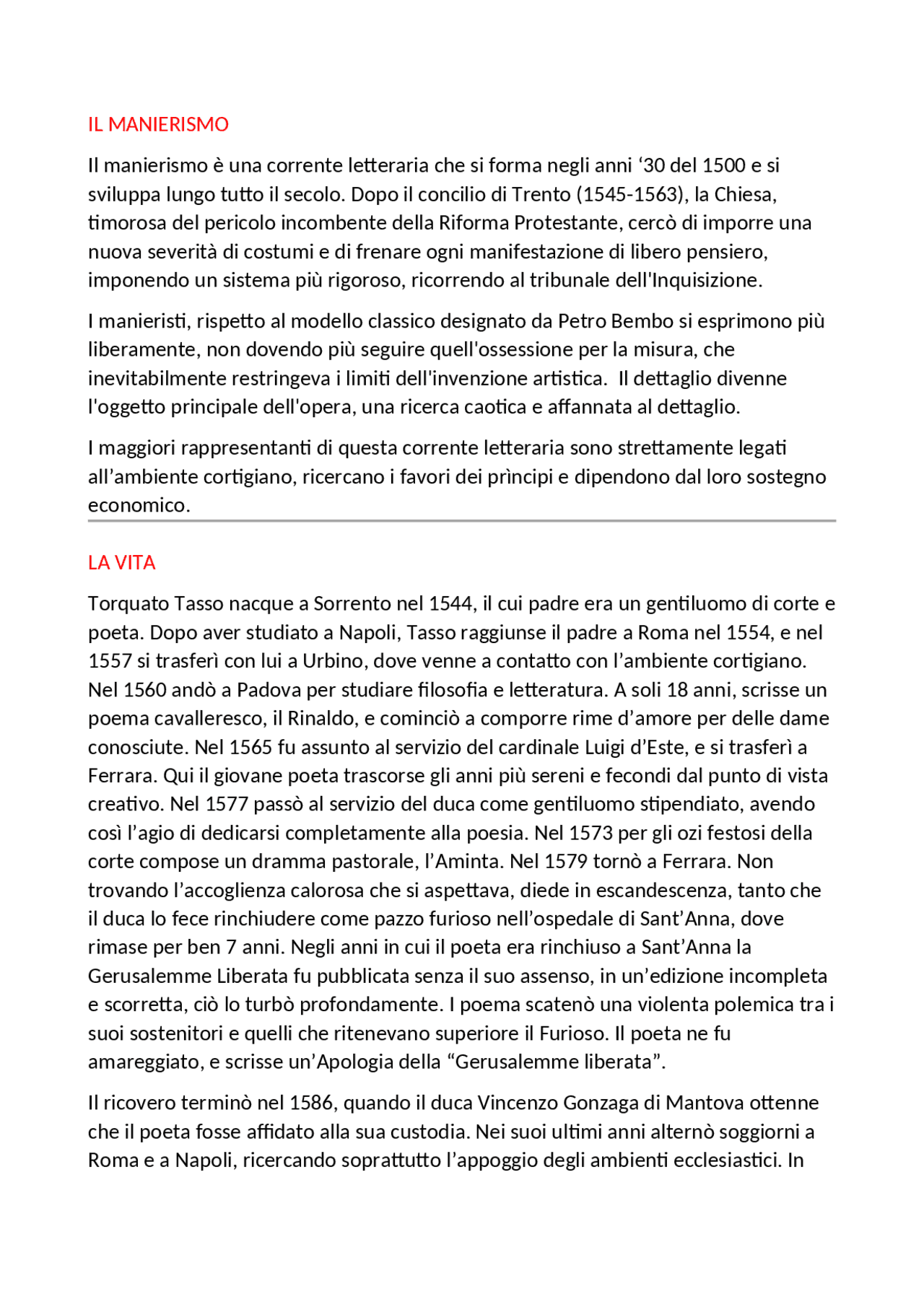 Torquato Tasso Appunti Di Italiano Docsity