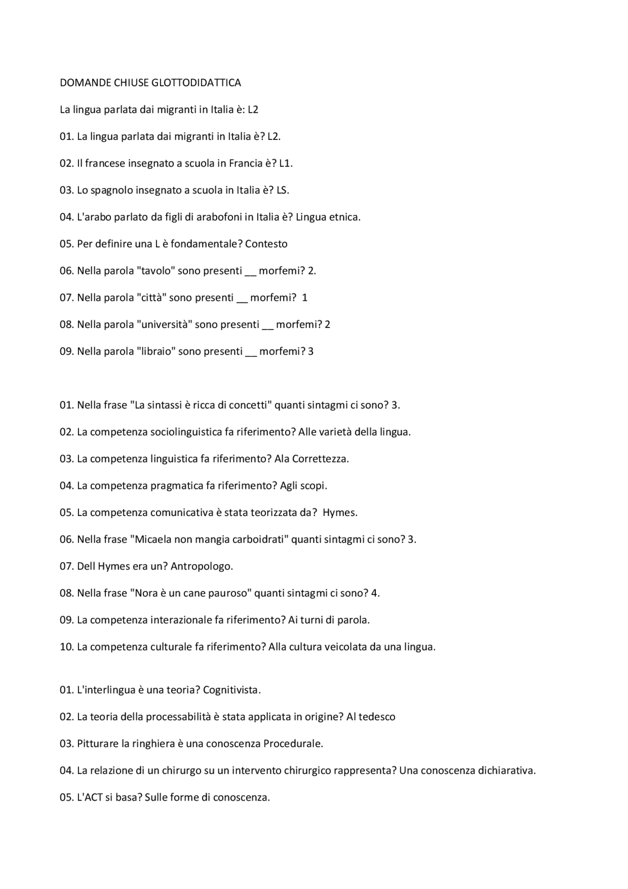Paniere Domande Chiuse Glottodidattica Docsity