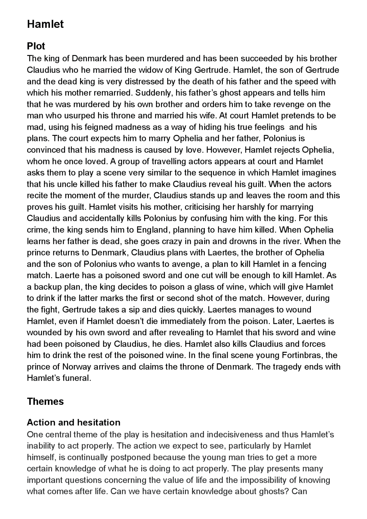 Hamlet, plot, themes, main characters, Hamlet's soliloquy - Docsity