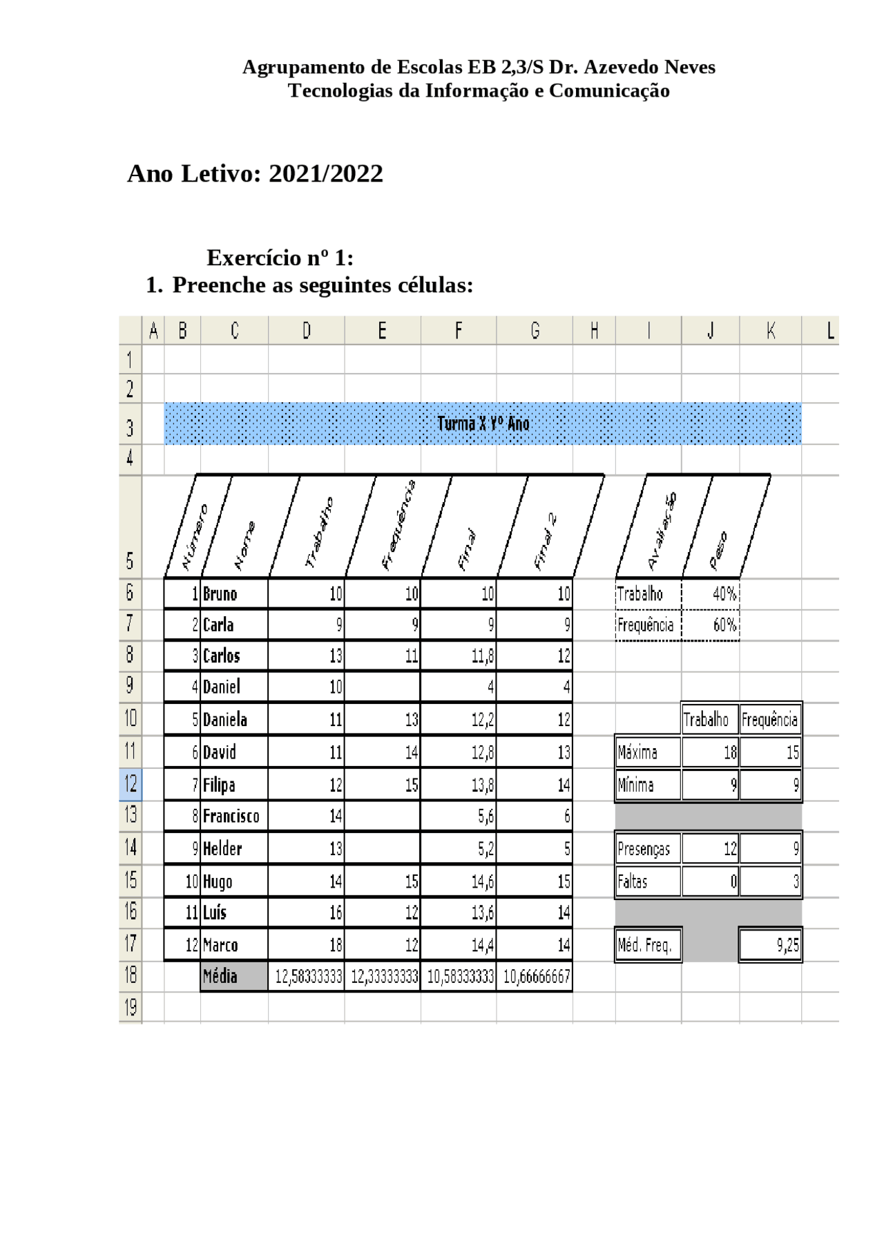 Exercícios Excel 9º Ano Docsity