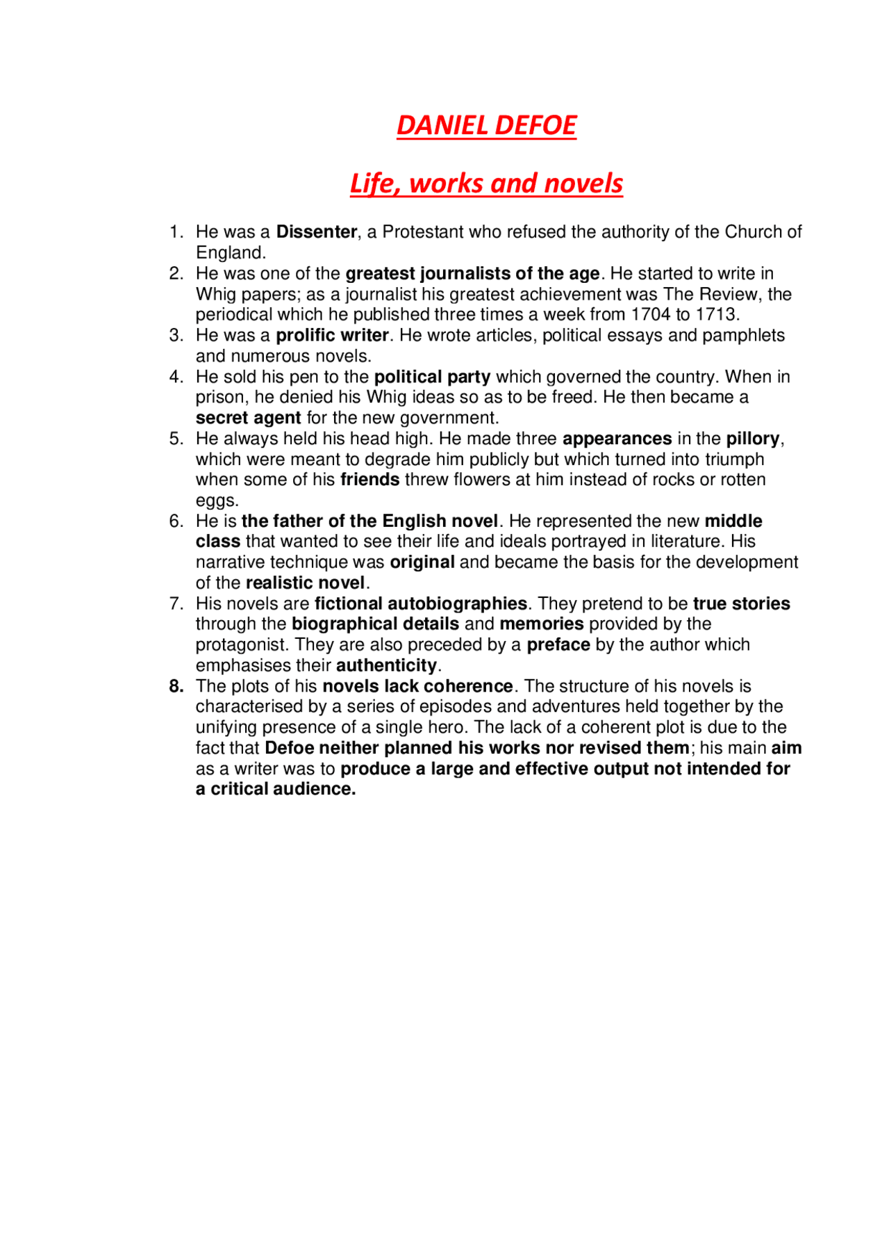 DANIEL DEFOE LIFE AND WORKS | Appunti di Inglese | Docsity