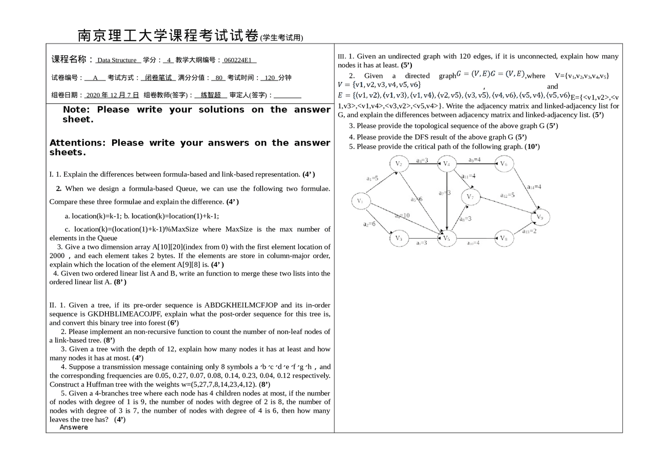 The Exam For Data Structure Exams Data Structures And Algorithms Docsity