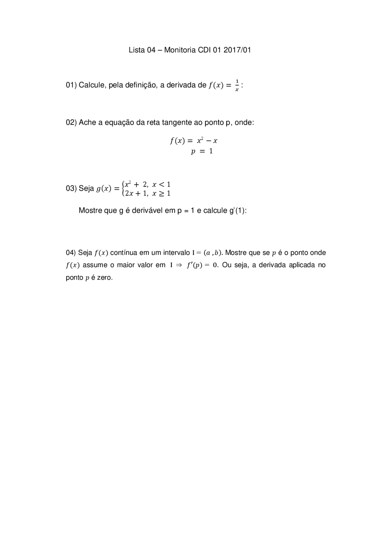 Lista 04 De Cálculo 1 Docsity