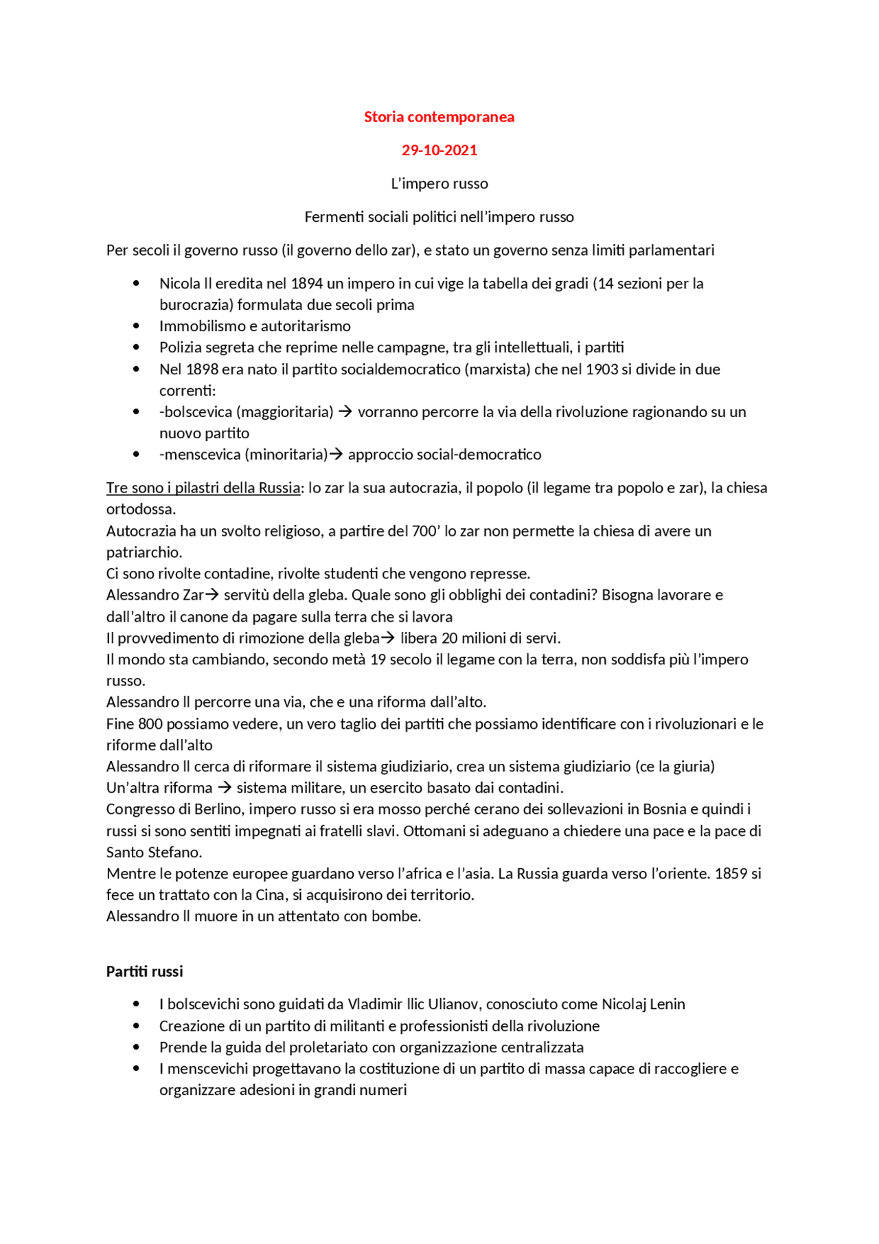 Appunti Impero Russo Docsity