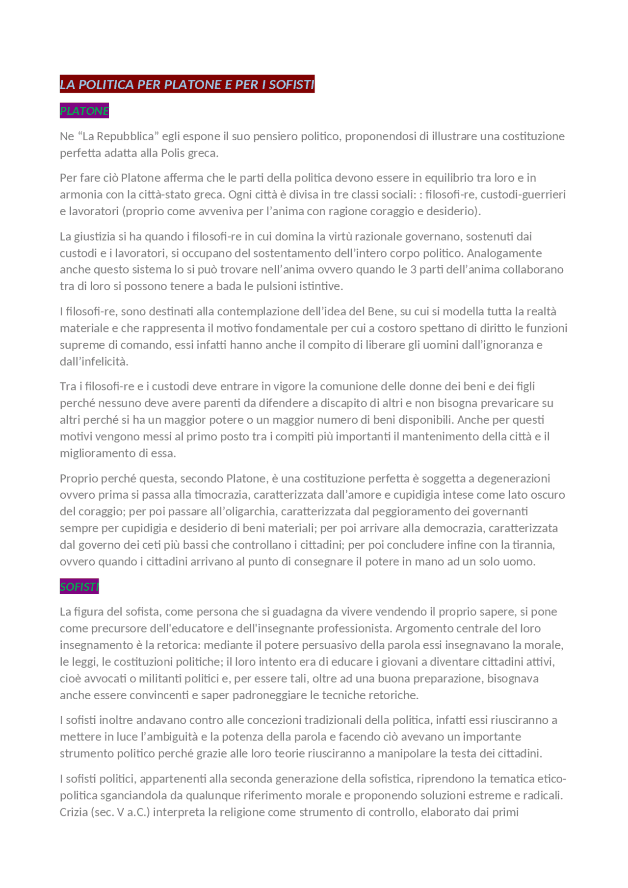 Politica di Platone e dei Sofisti - Docsity