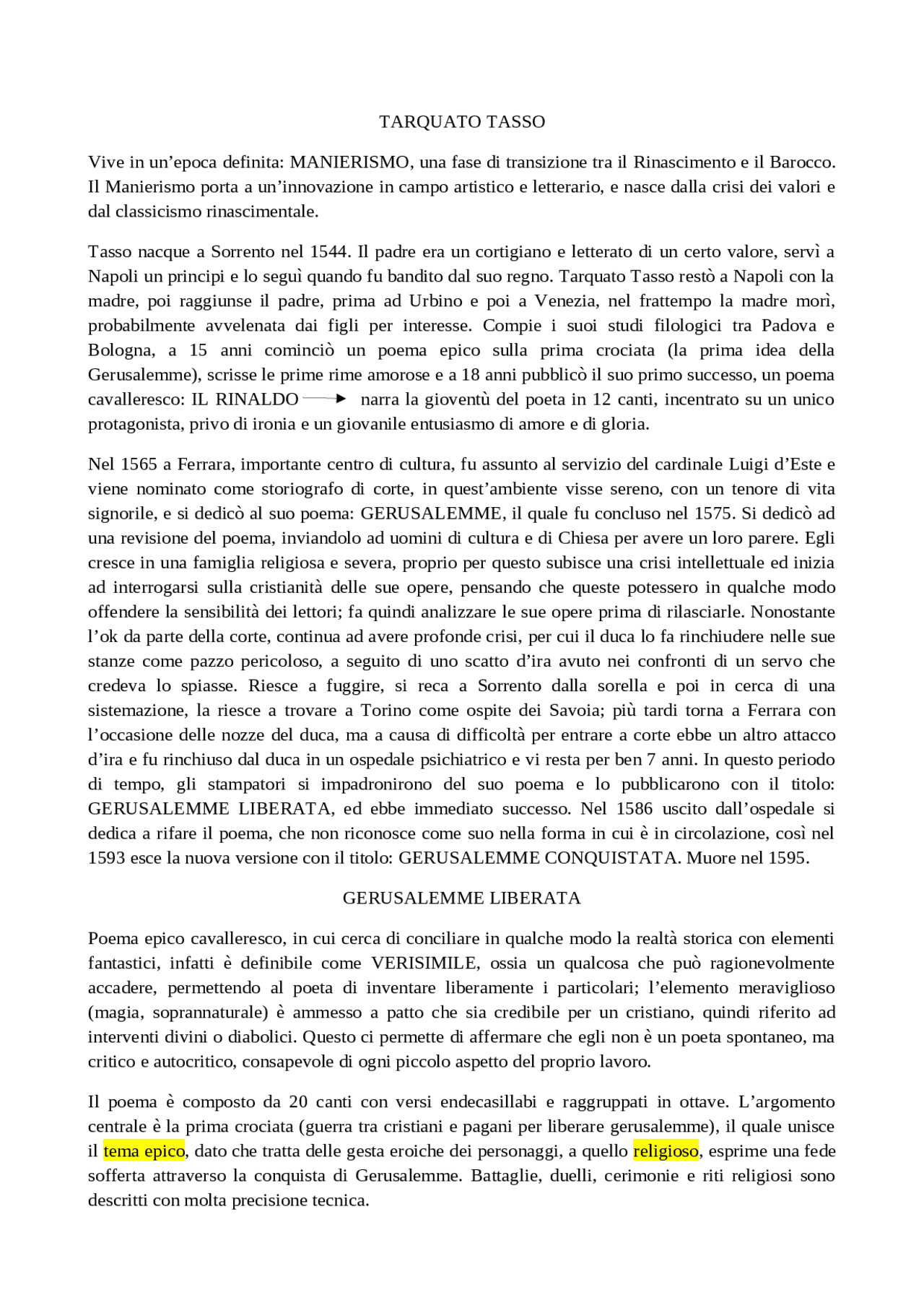 Appunti Sintesi Di Tarquato Tasso Docsity
