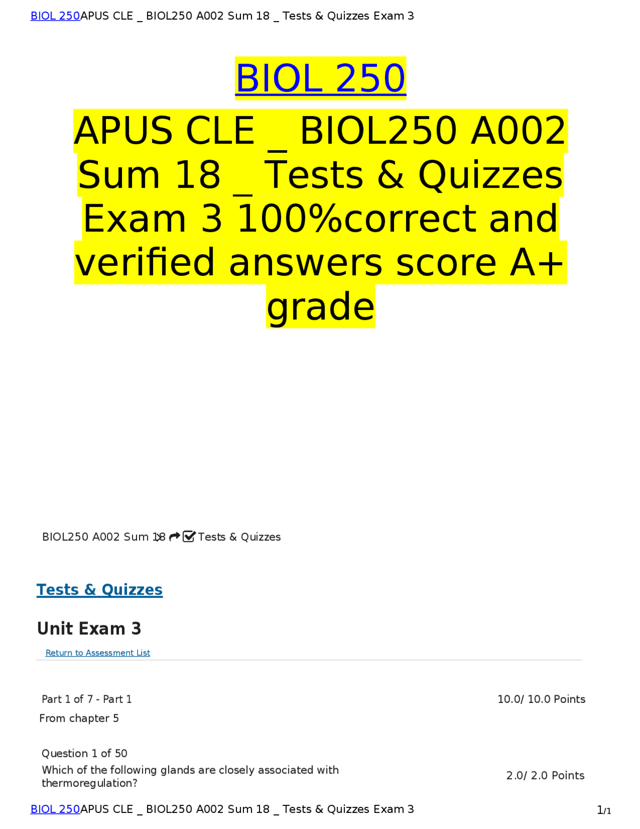 BIOL 250 APUS CLE _ BIOL250 A002 Sum 18 _ Tests & Quizzes Exam 3 100 ...