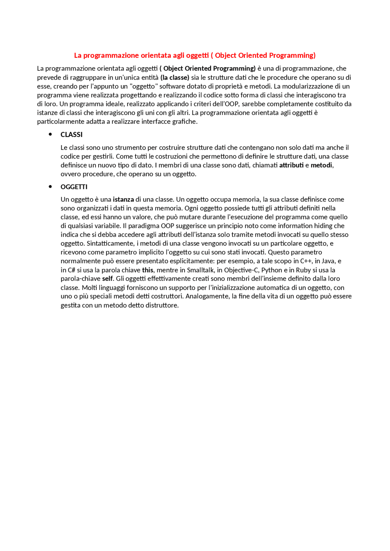 Programmazione Orientata Agli Oggetti Docsity