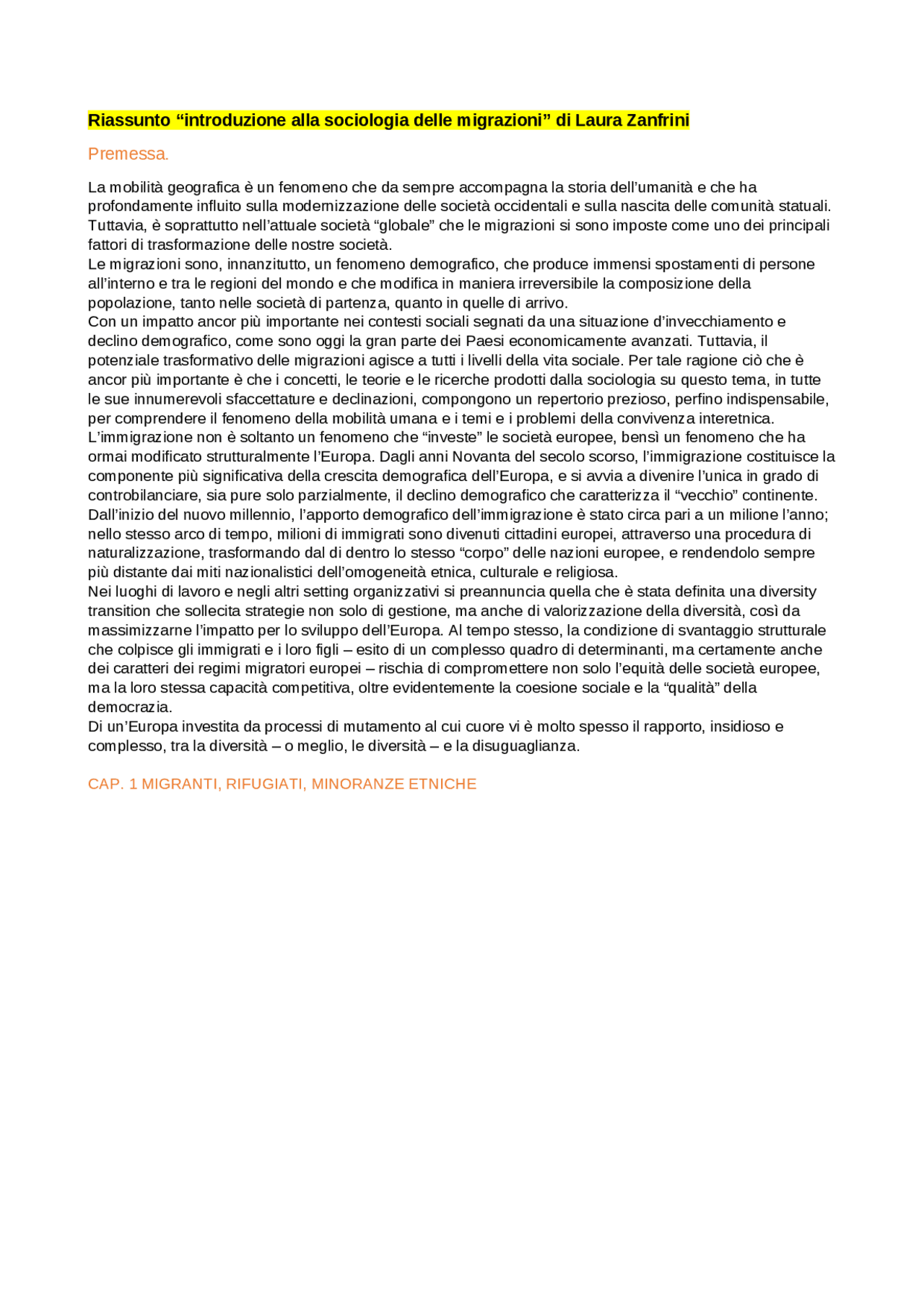 Sociologia Delle Migrazioni Docsity