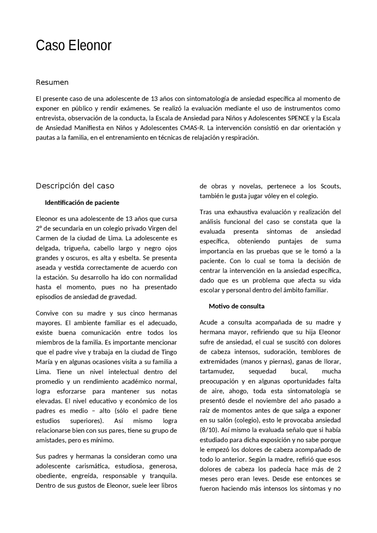 Caso Clínico Sobre Eleonor Docsity