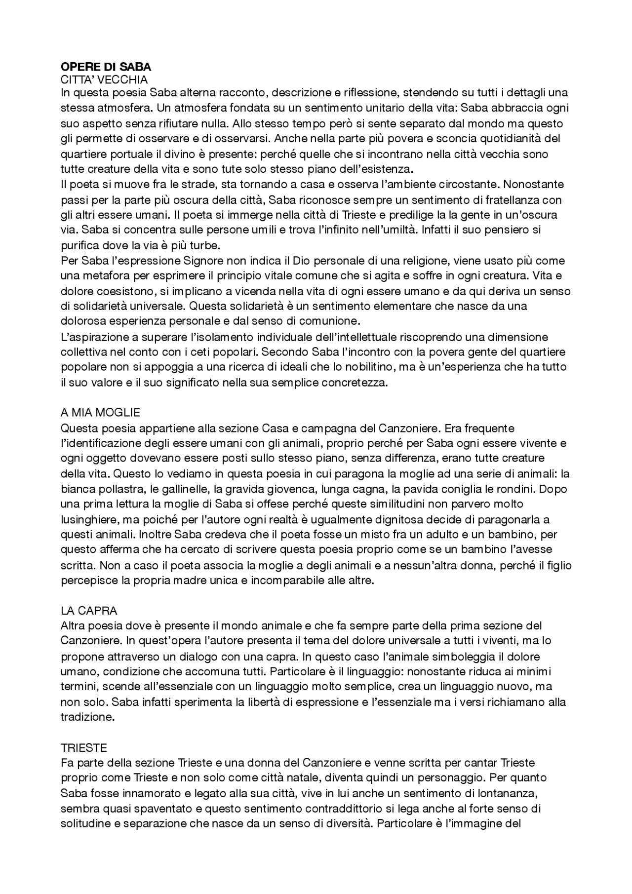 Analisi Delle Opere Di Saba Docsity