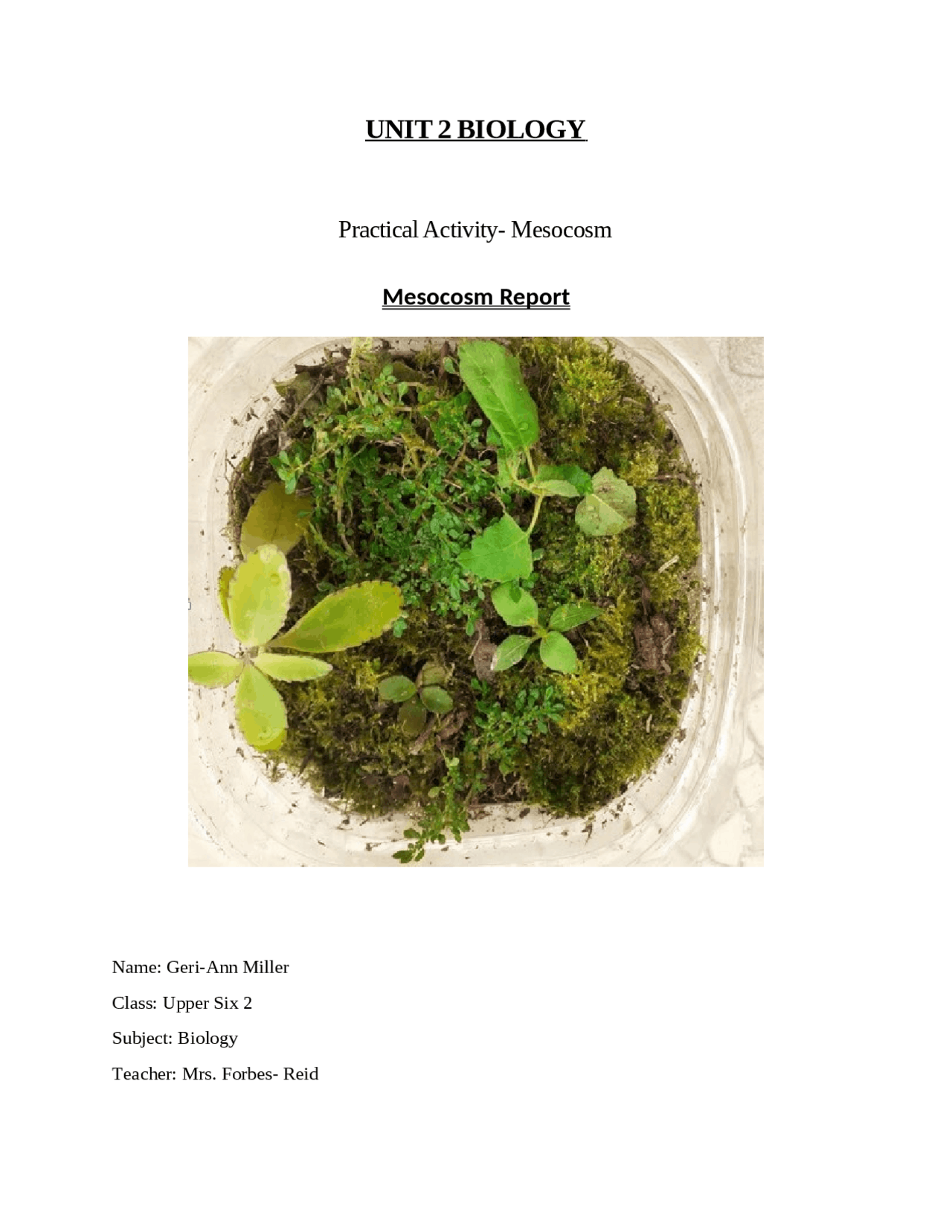 Mesocosm report- Biology Project - Docsity