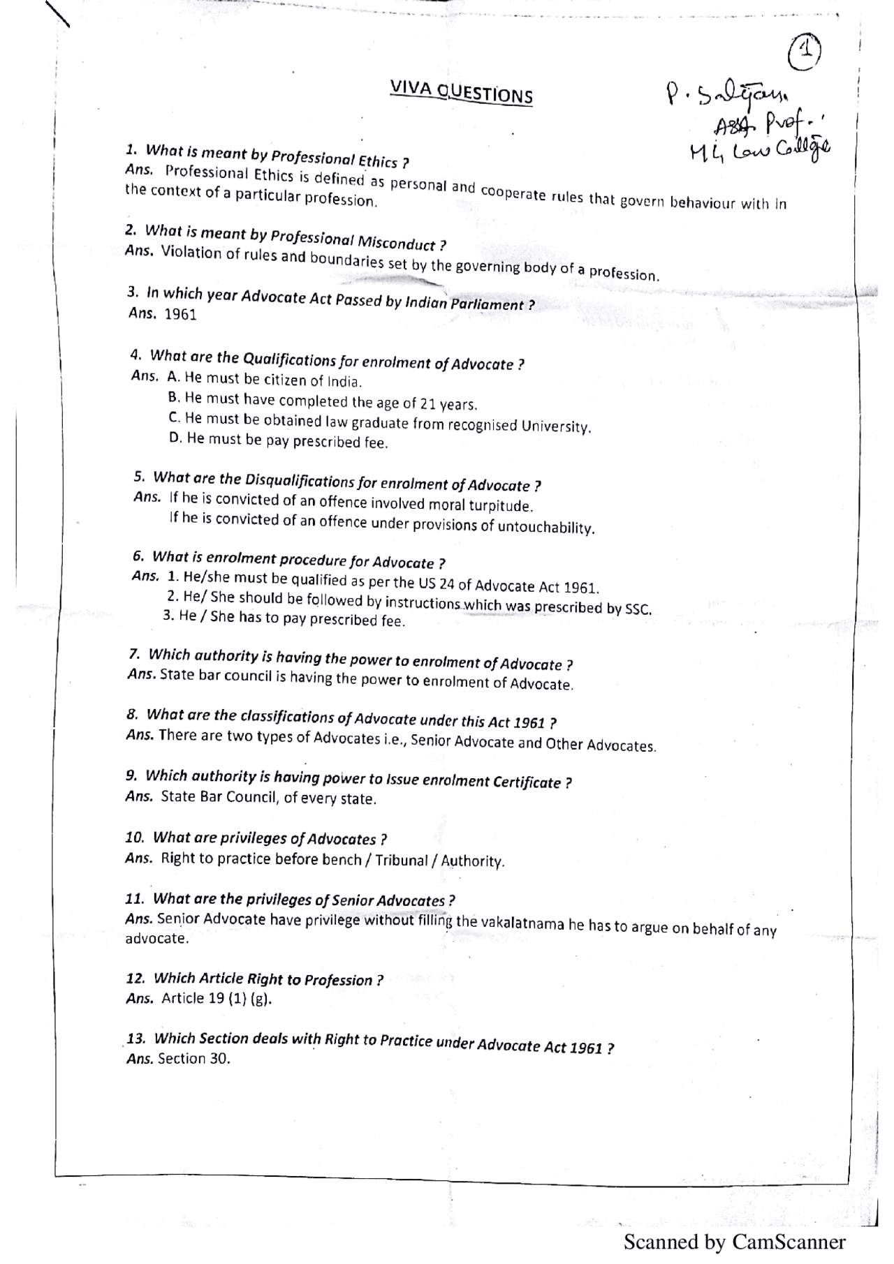 Professional Ethics Viva Voce Lecture Notes Law Docsity