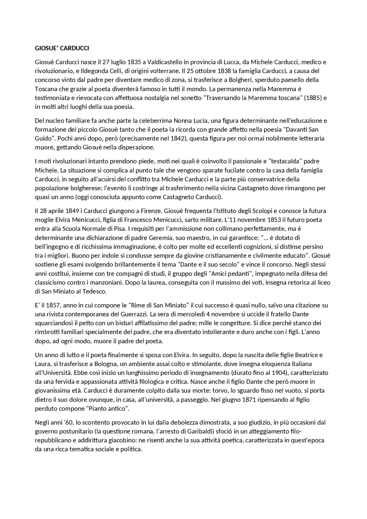 Giosue Carducci Biografia Docsity