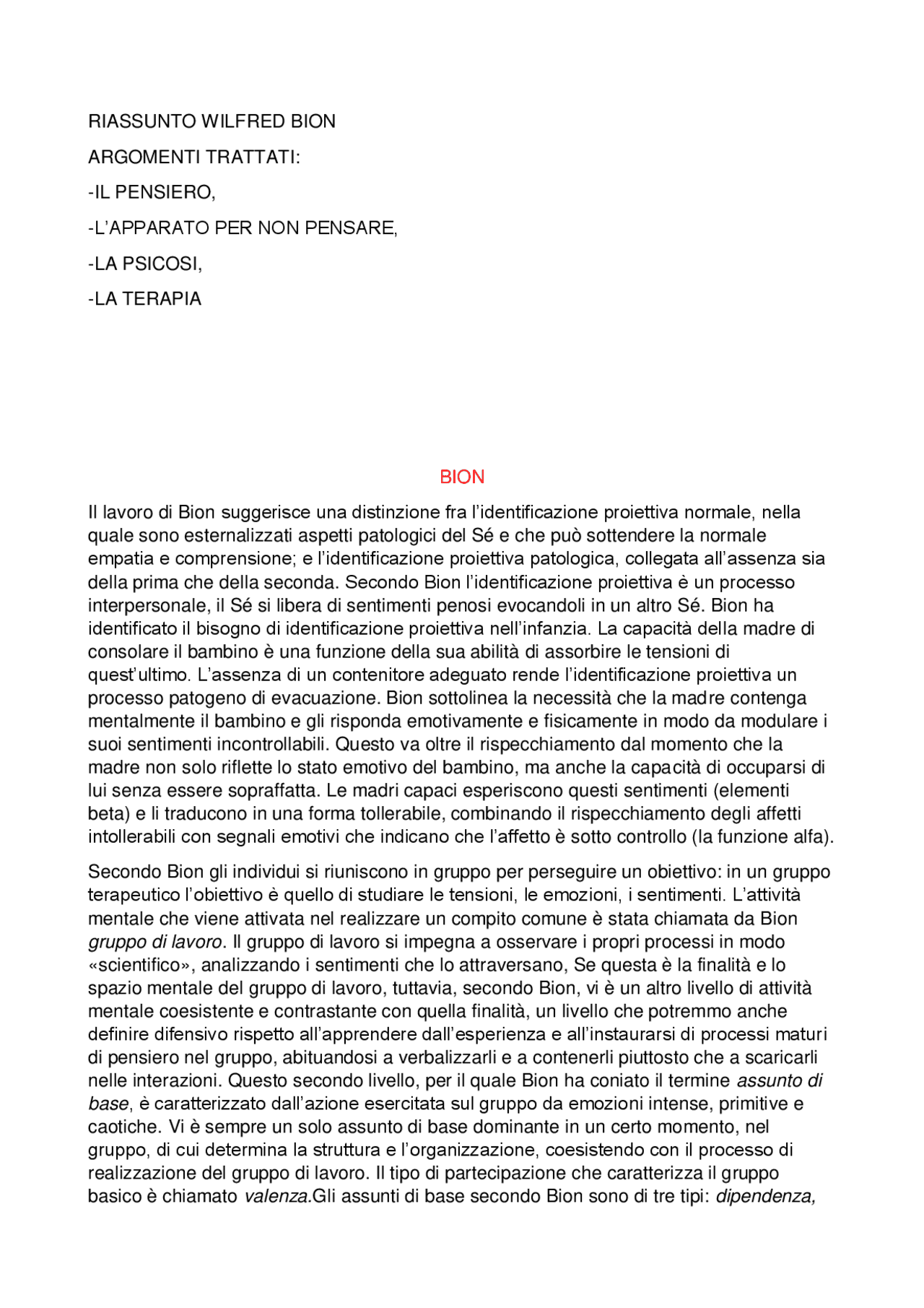 Riassunto Wilfred Bion Docsity