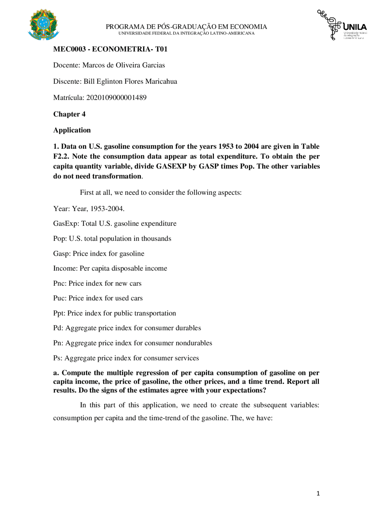 Econometria Exercicios Applications Docsity
