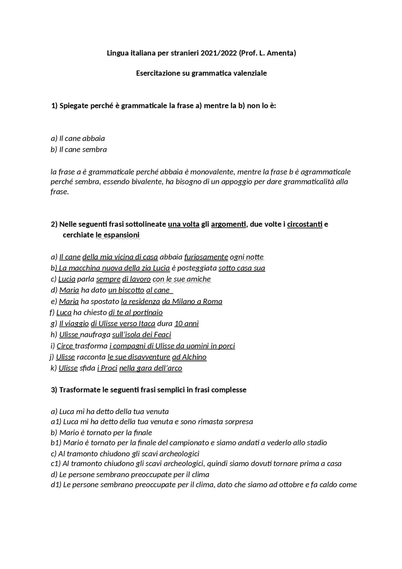 Esercitazione Grammatica Valenziale Docsity