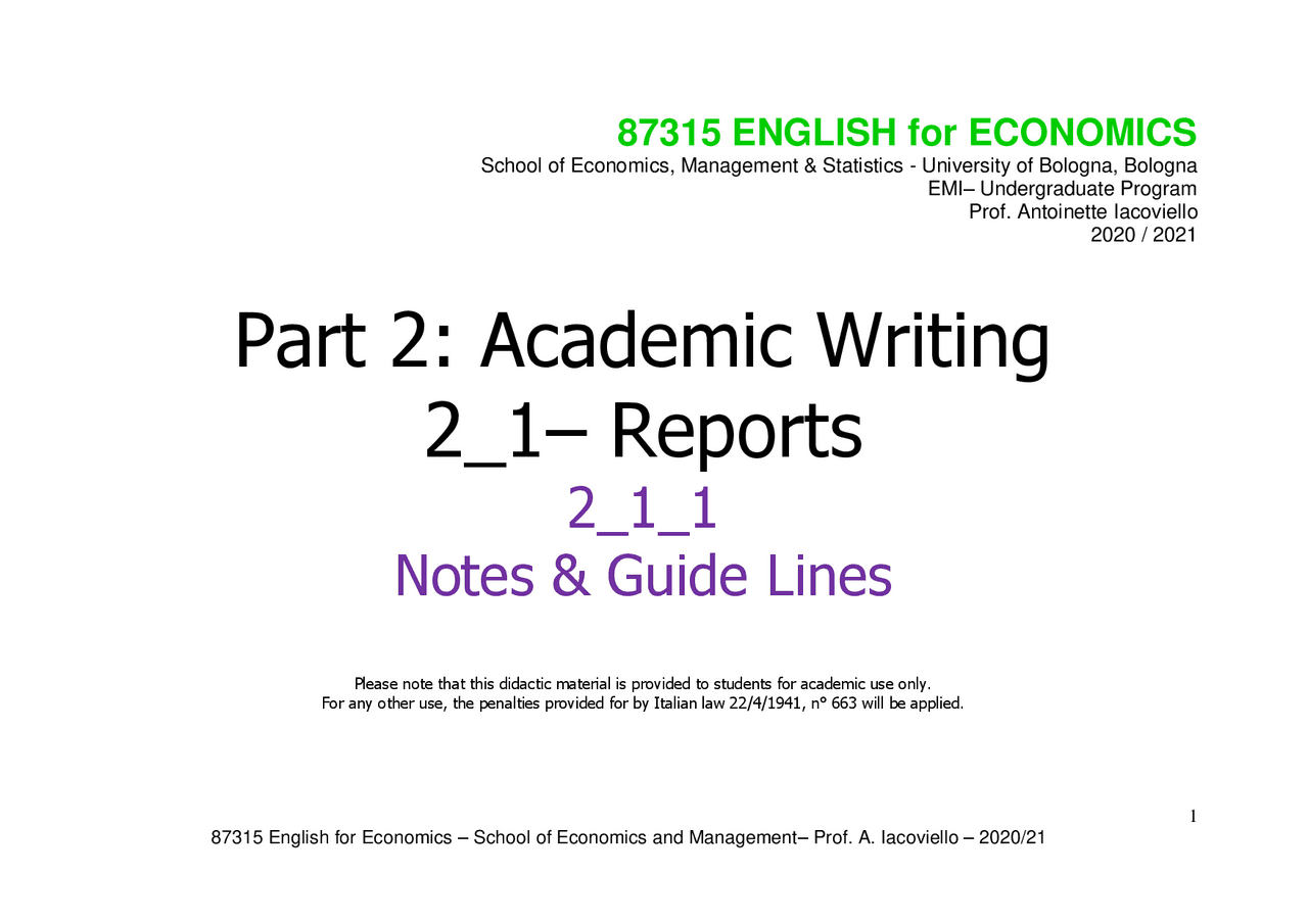 Academic Writing Reports Notes And Guide Lines Docsity