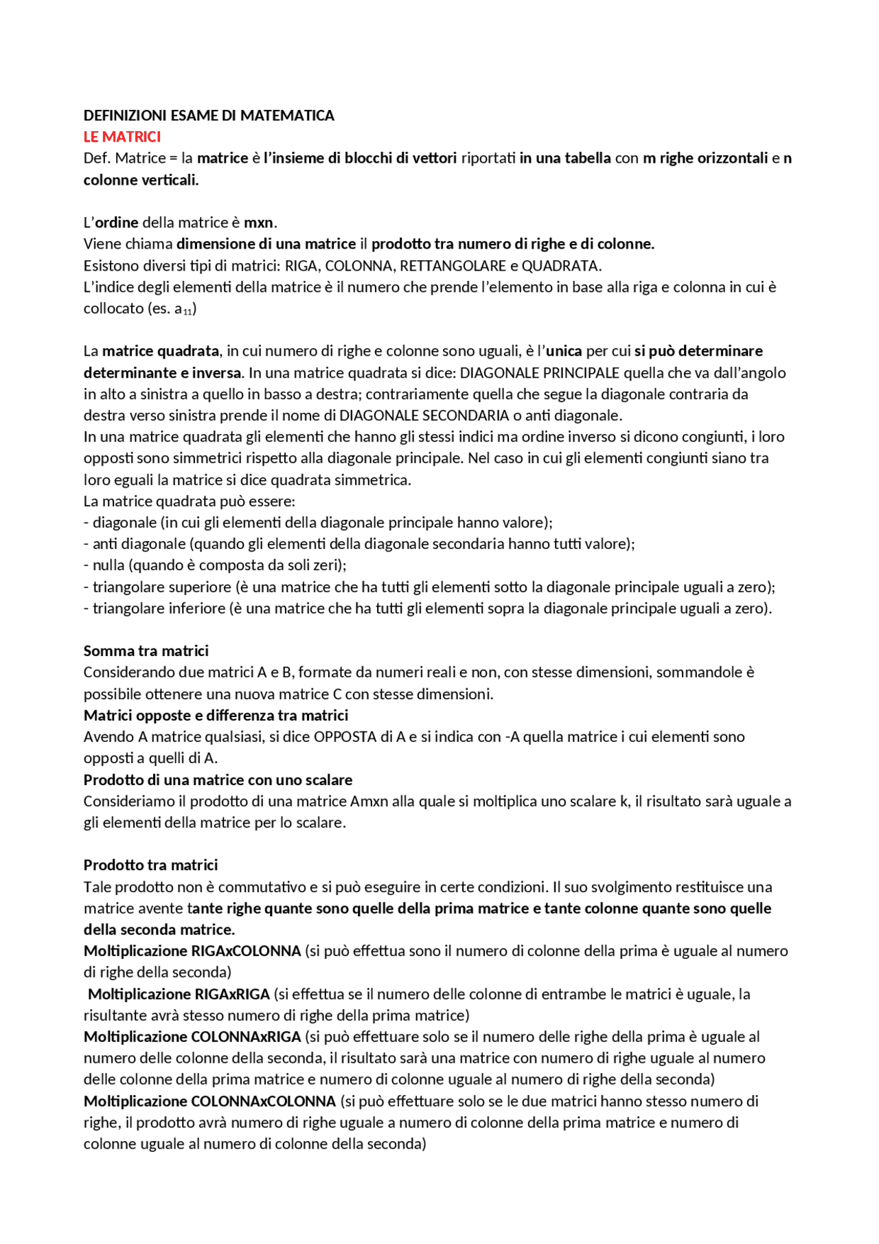 Definizione di matetica - Docsity