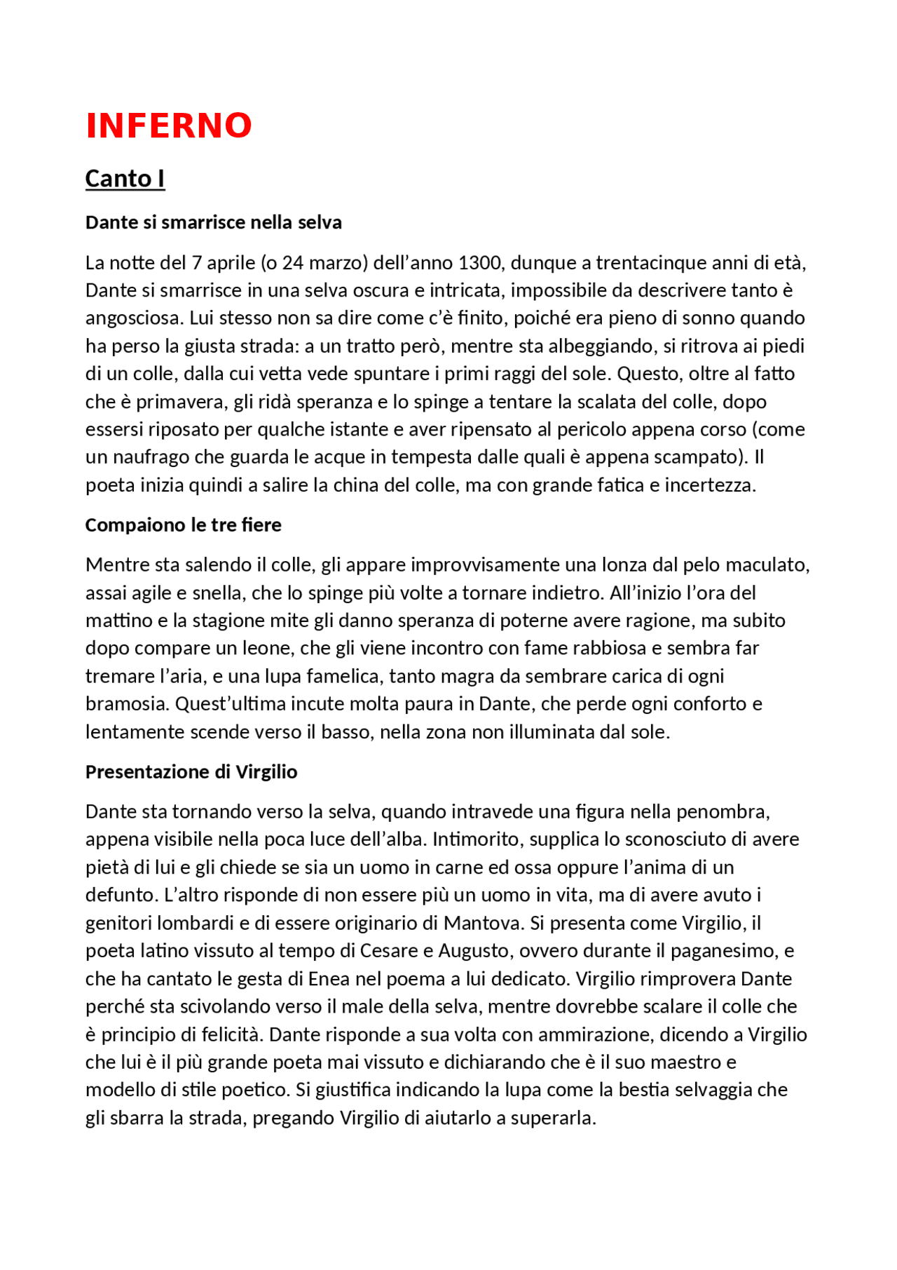 RIASSUNTO CANTI INFERNO DANTE - Docsity